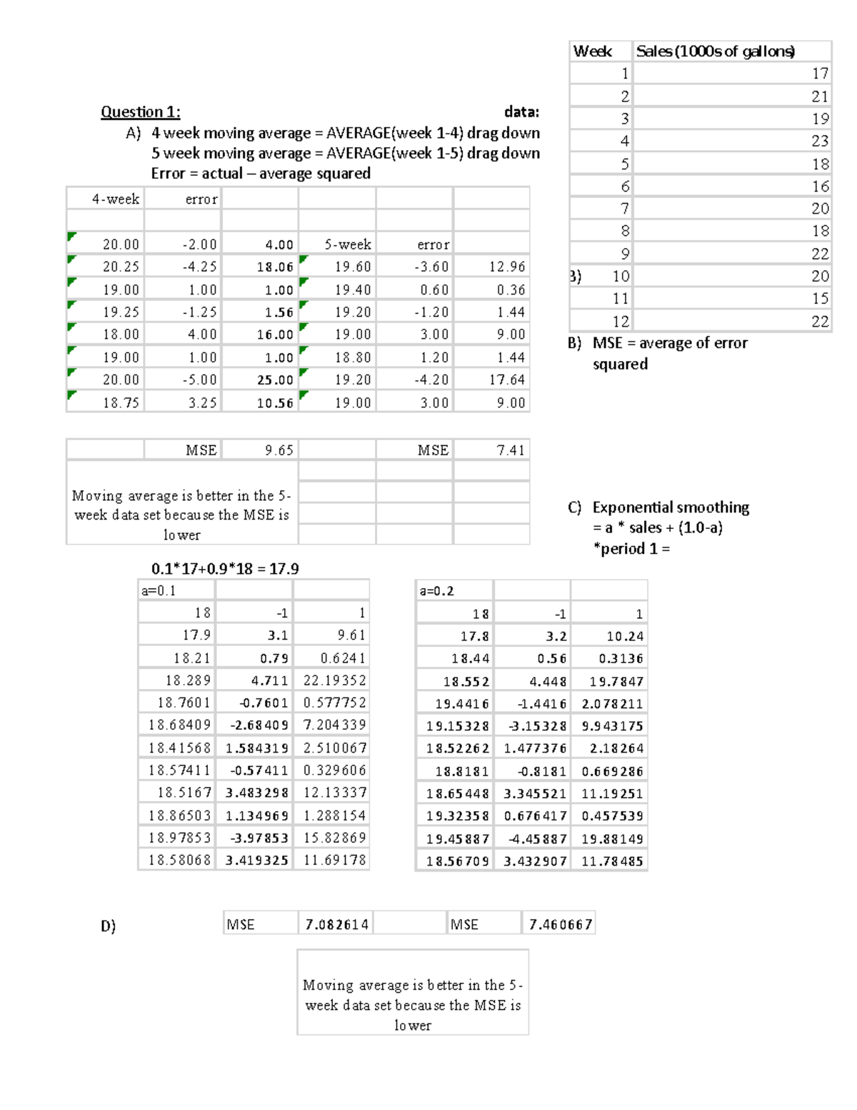 Assignment 1 advanced quantitative analysis - Question 1: data: A) 4 week moving average = - Studocu