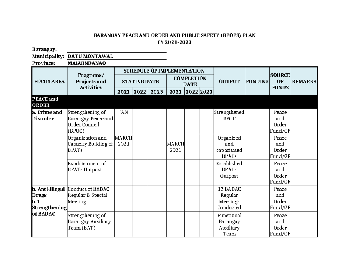 Bpops-PLAN Brgy. Fatima - BARANGAY PEACE AND ORDER AND PUBLIC SAFETY ...