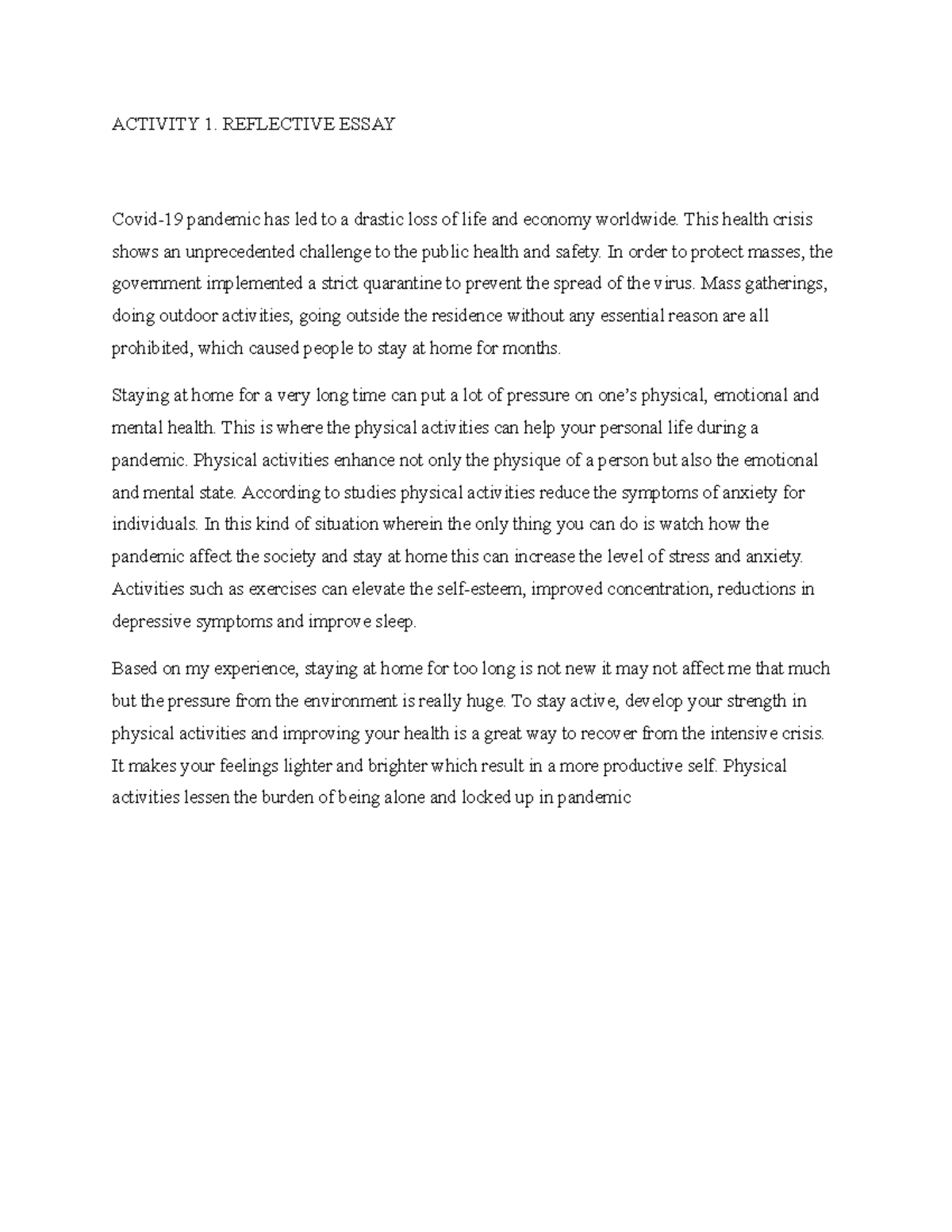 Physical Education essay - ACTIVITY 1. REFLECTIVE ESSAY Covid-19 ...