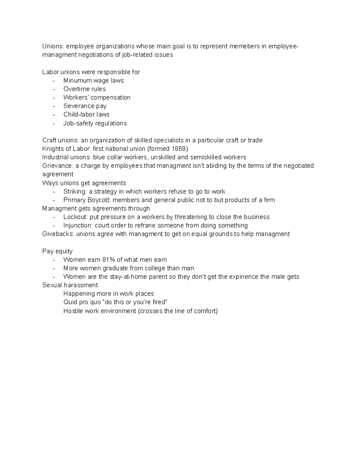 Lecture notes from lectures 19-20 - Unions: employee organizations ...