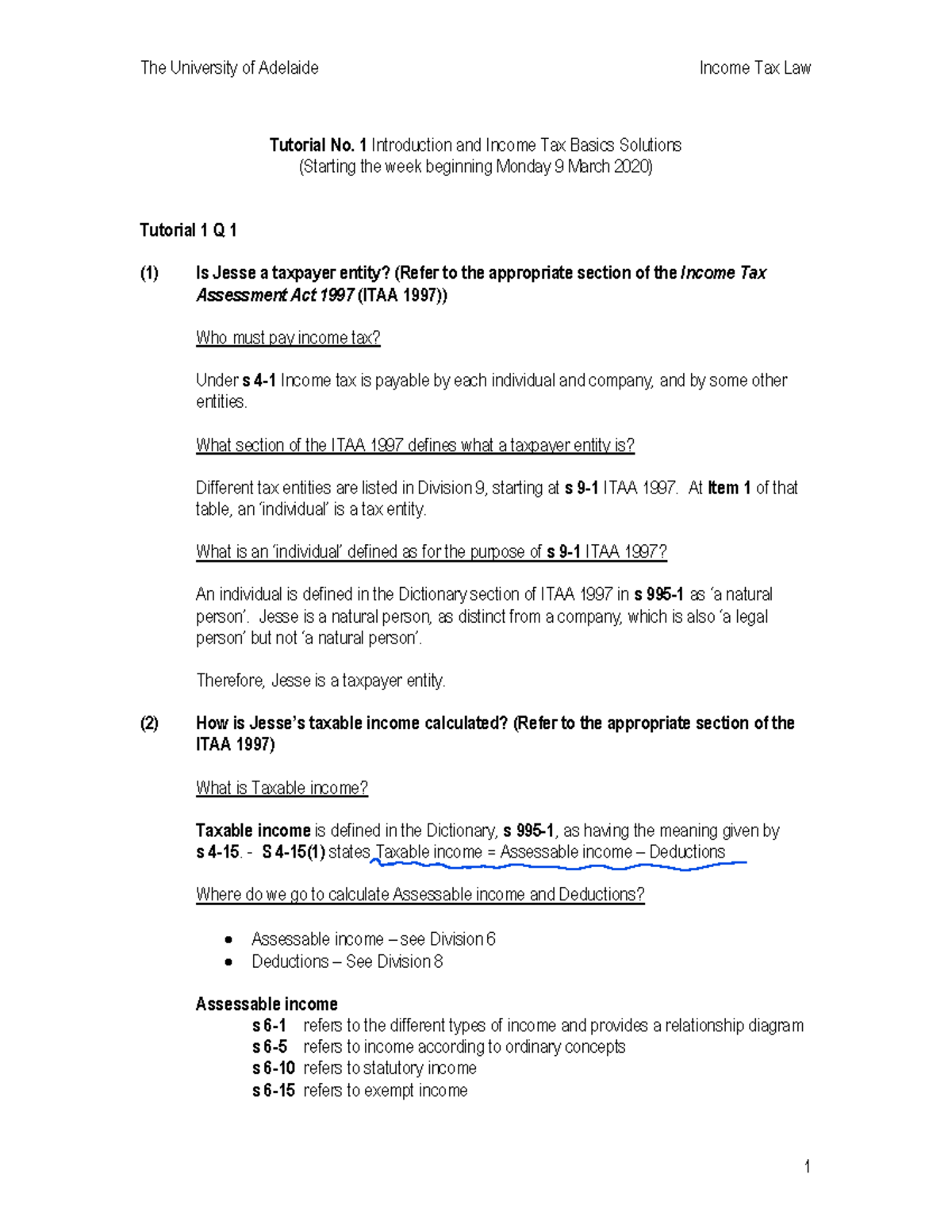 Tutorial No 1 Introduction and Income Tax Basics Solutions-4 - Tutorial ...
