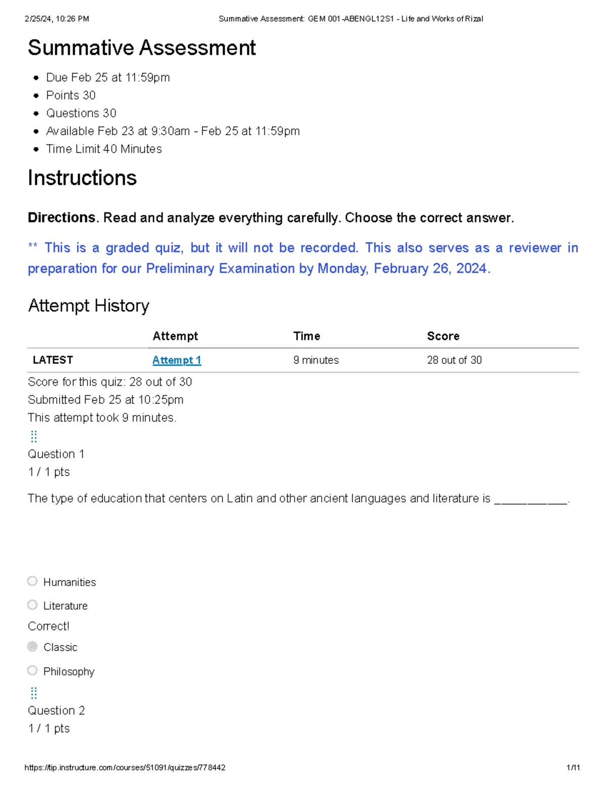 Summative Assessment GEM 001- Abengl 12S1 - Life and Works of Rizal ...