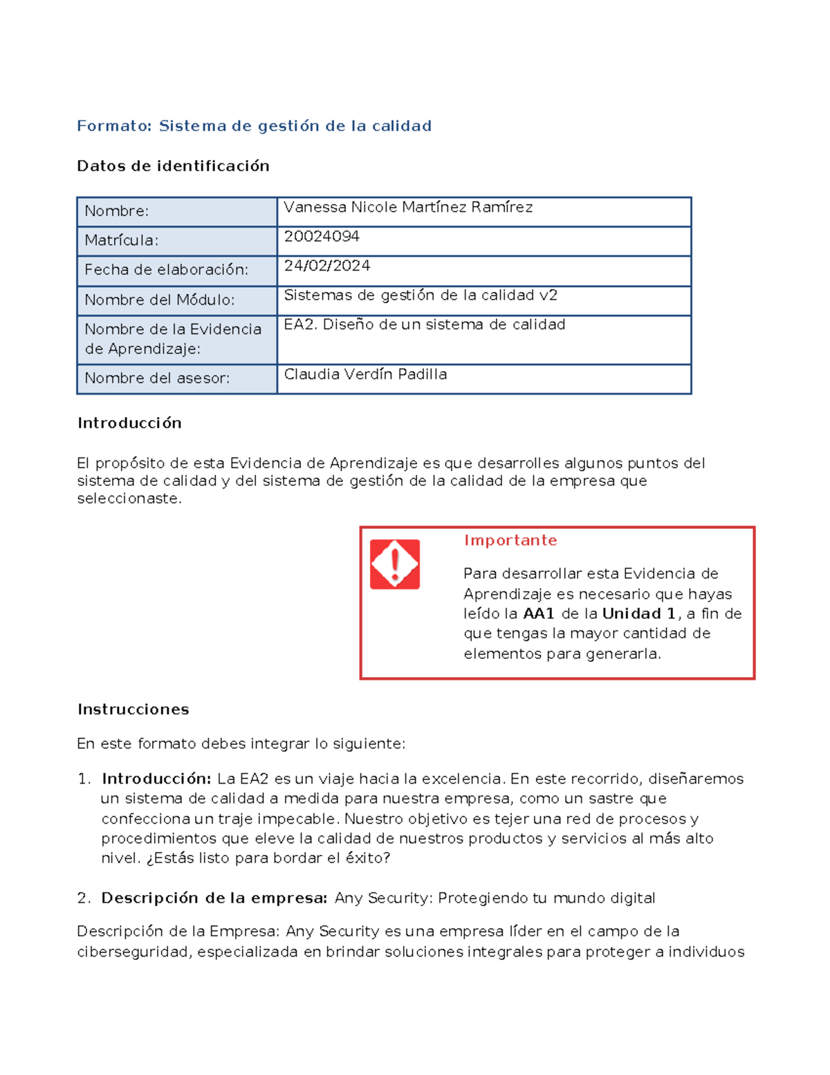 Martinez Vanessa SGC EA2 - Formato: Sistema de gestión de la calidad Datos de identificación ...