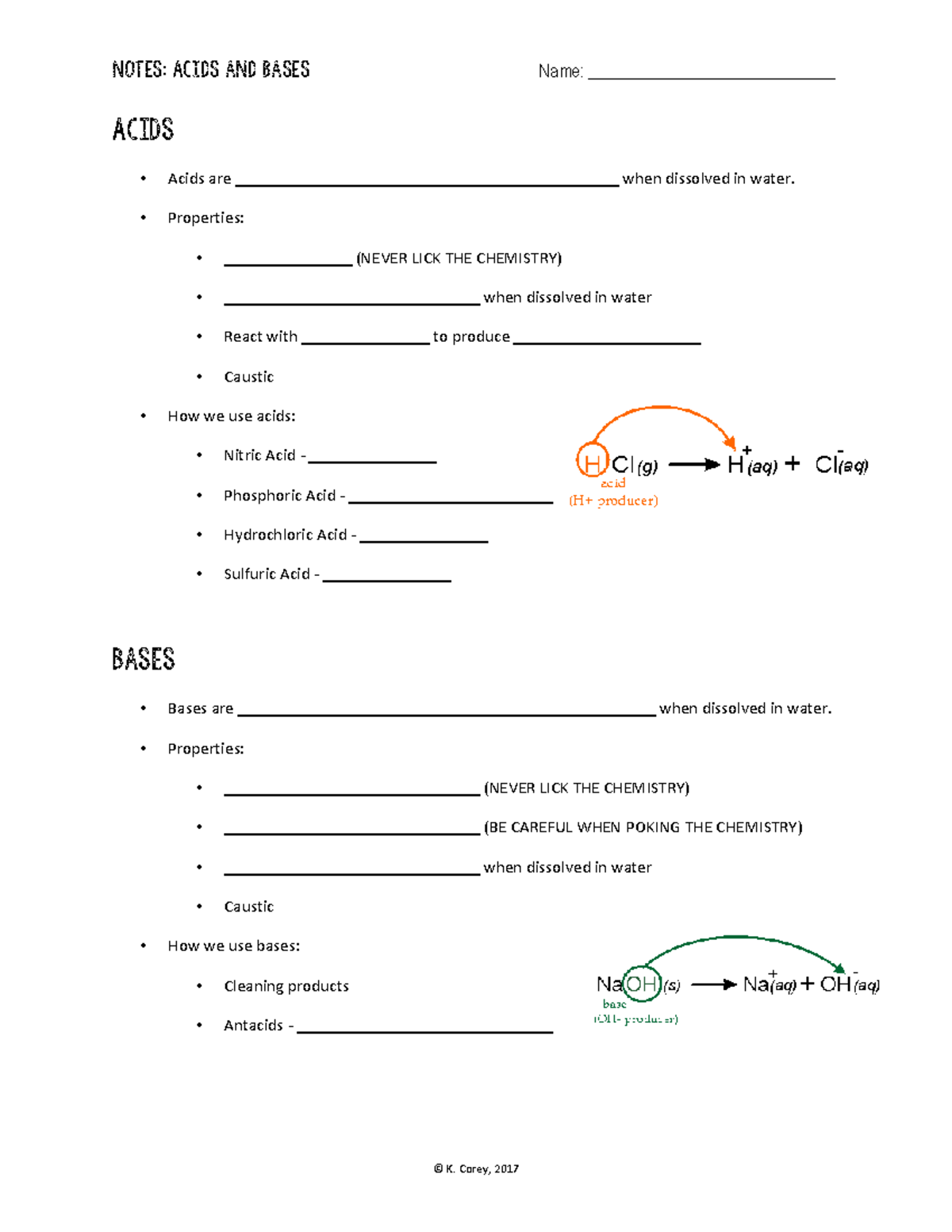 Acids and Bases Notes Blank - Notes: Acids and Bases Name