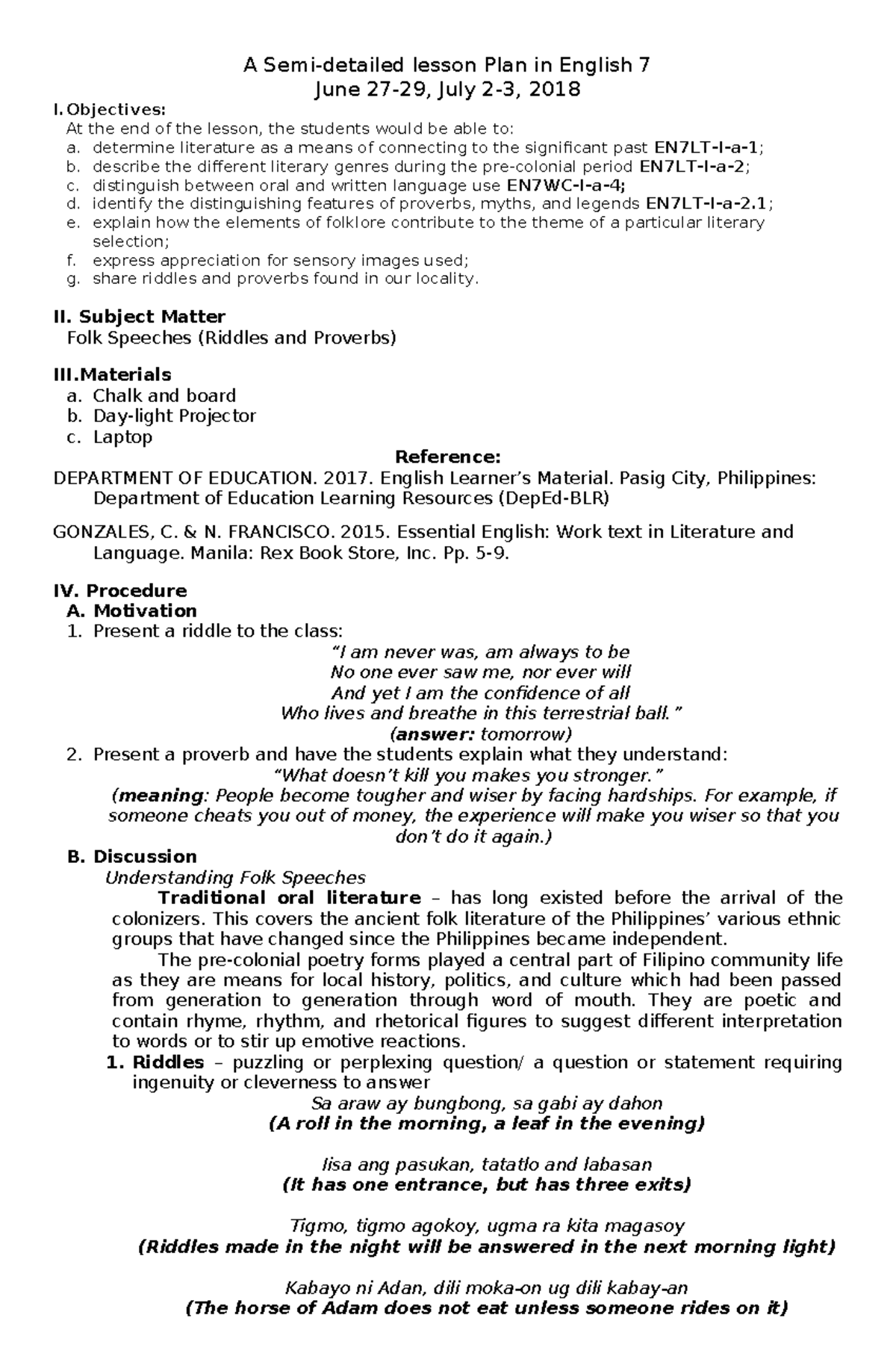 Teaching Riddles and Proverbs - A Semi-detailed lesson Plan in English ...