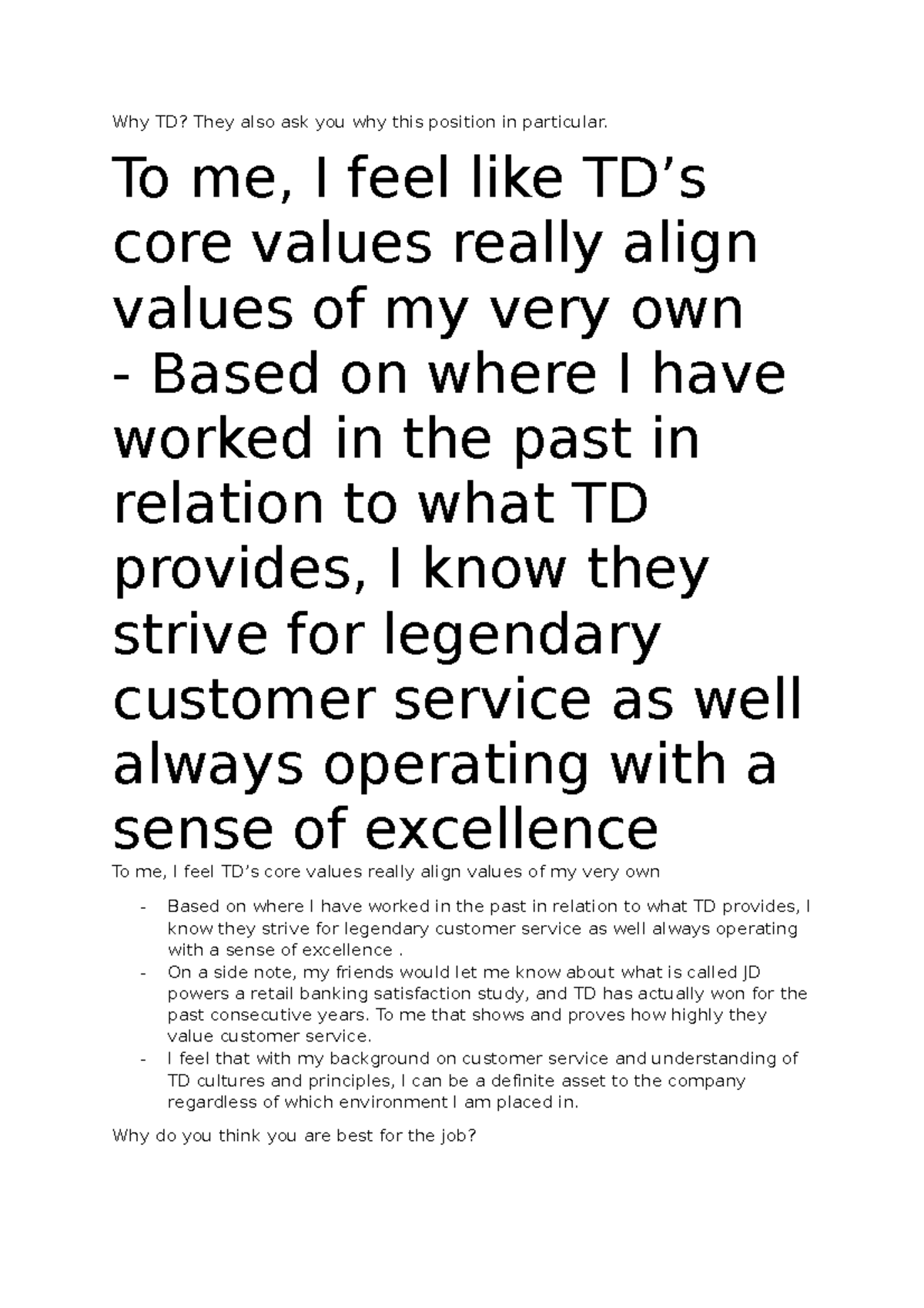 TD questions - Why TD? They also ask you why this position in ...