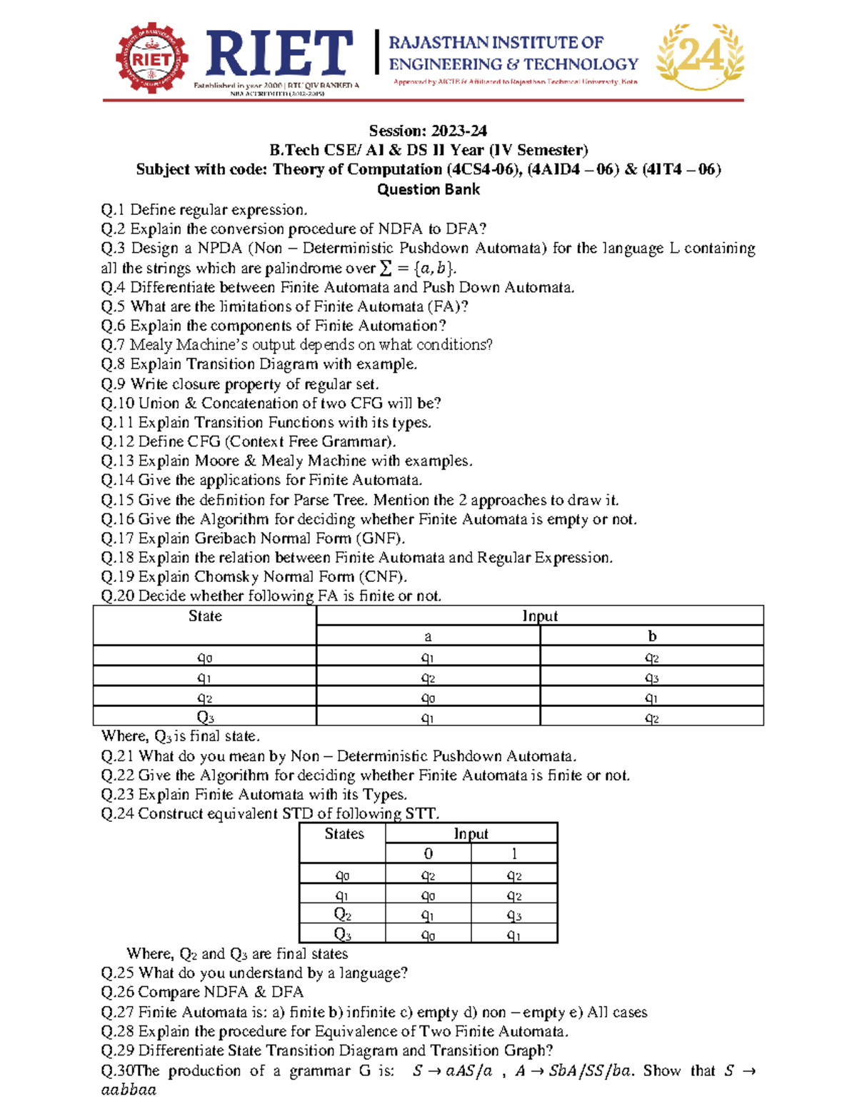 Question Bank TOC - Session: 20 23 - 24 B CSE/ AI & DS II Year (IV Semester) Subject with code ...