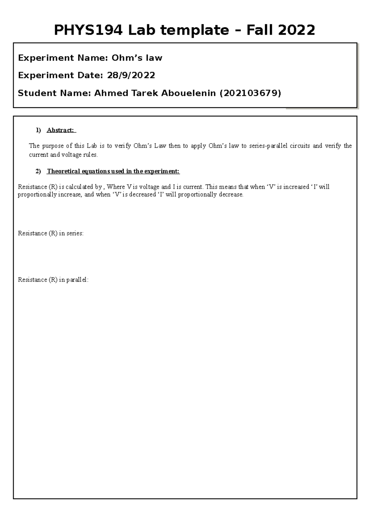 Ohm’s law - summary - PHYS194 Lab template – Fall 2022 Experiment Name ...