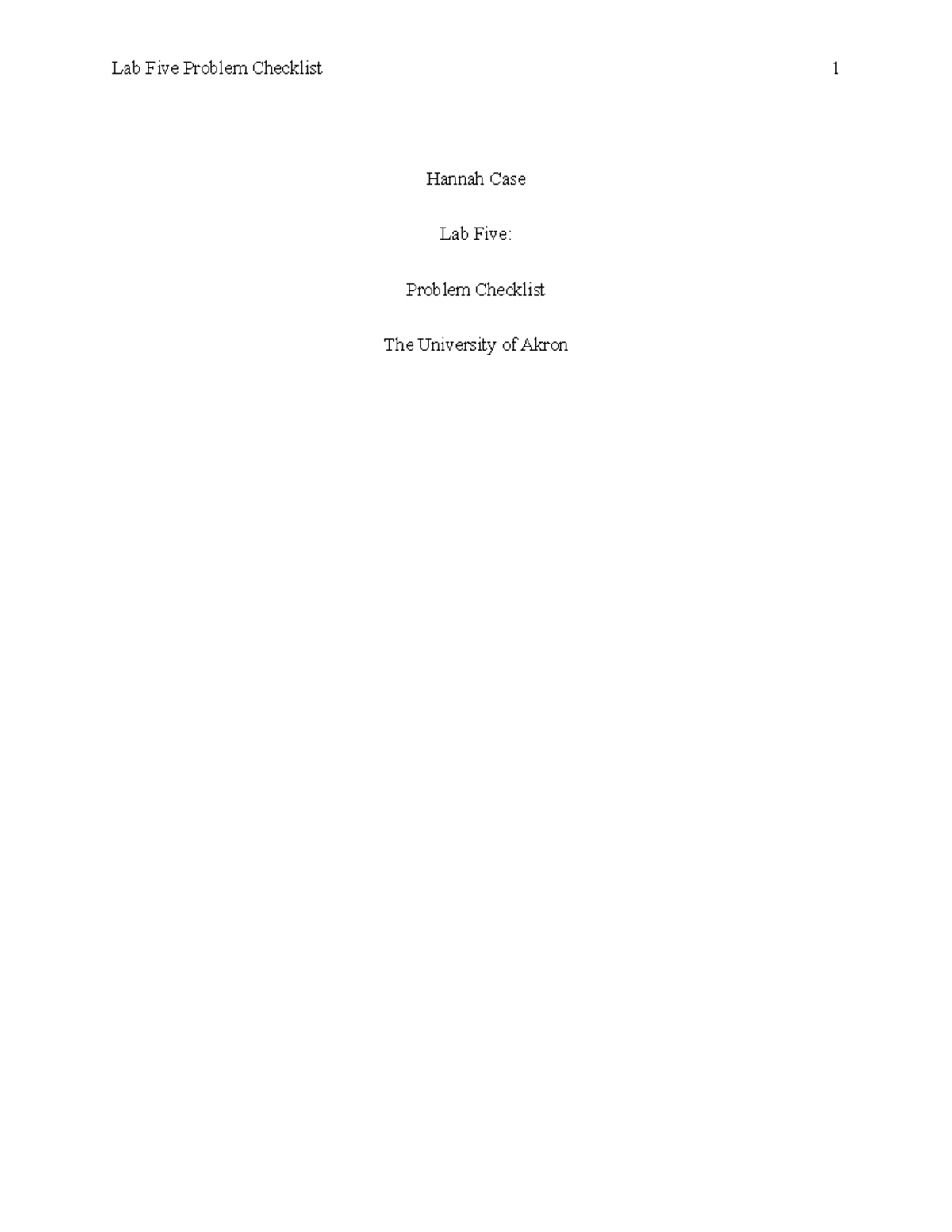 HCase Lab 5 Problem Checklist - Lab Five Problem Checklist 1 Hannah ...