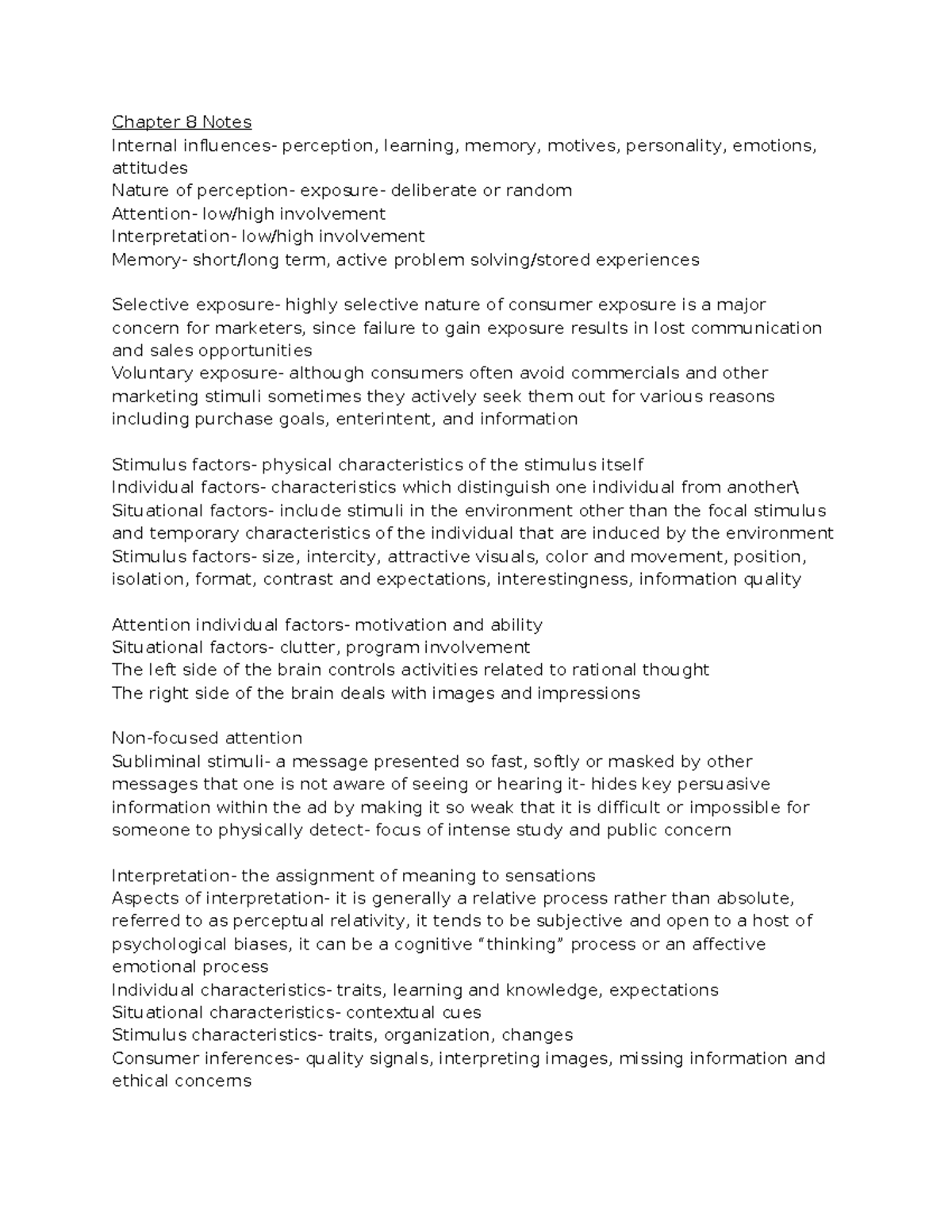 Chapter 8 Notes - Chapter 8 Notes Internal influences- perception ...