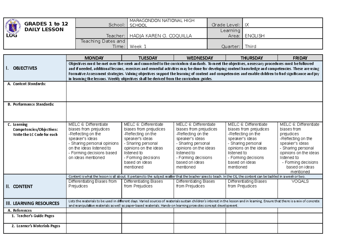 DLL 3rd Quarter Wk1 Daily Lesson Log In English 9 GRADES 1 To 12