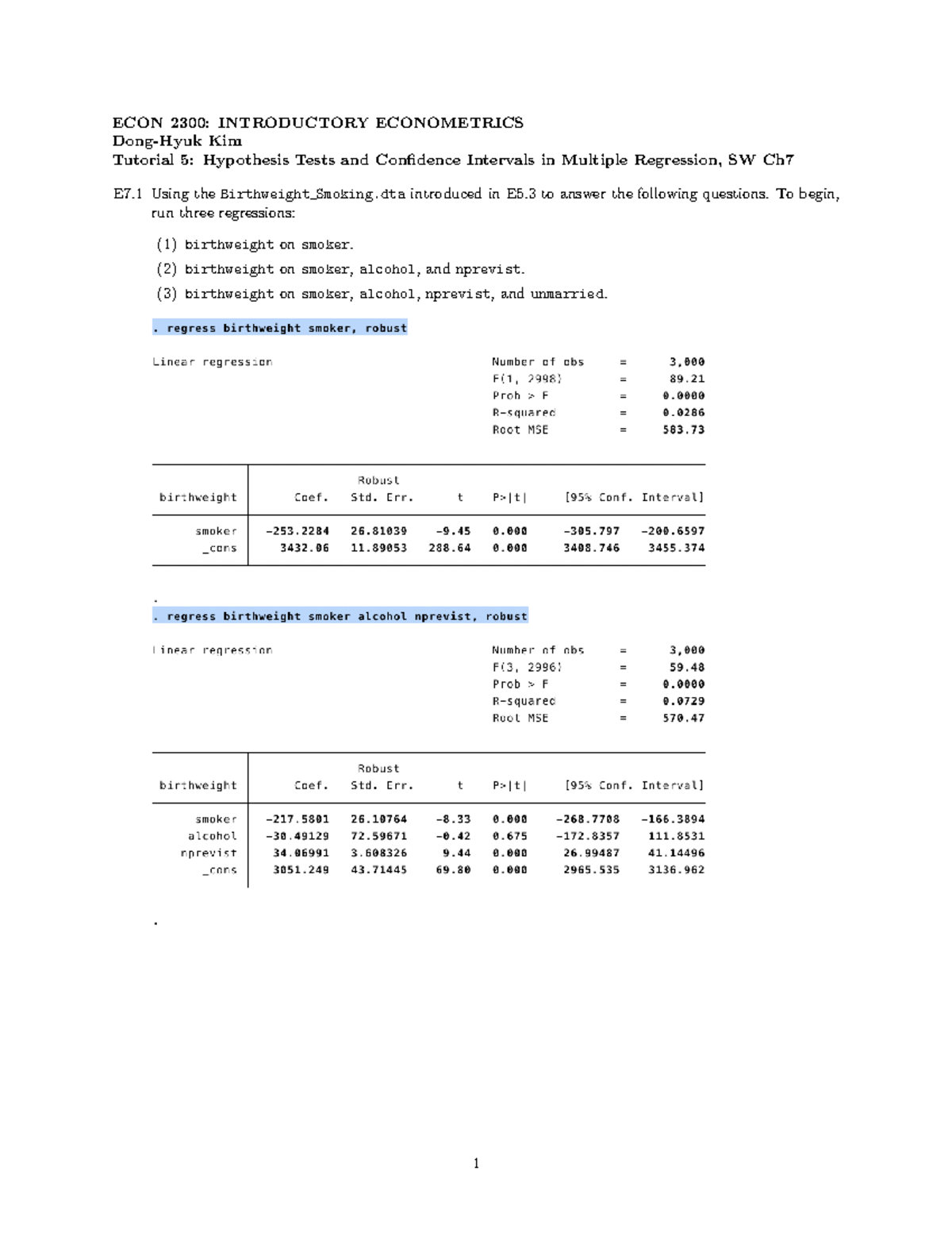 Tutorial 5 Solution Introductory Econometrics Econ2300 Lecture Notes 20202021 Econ 2300