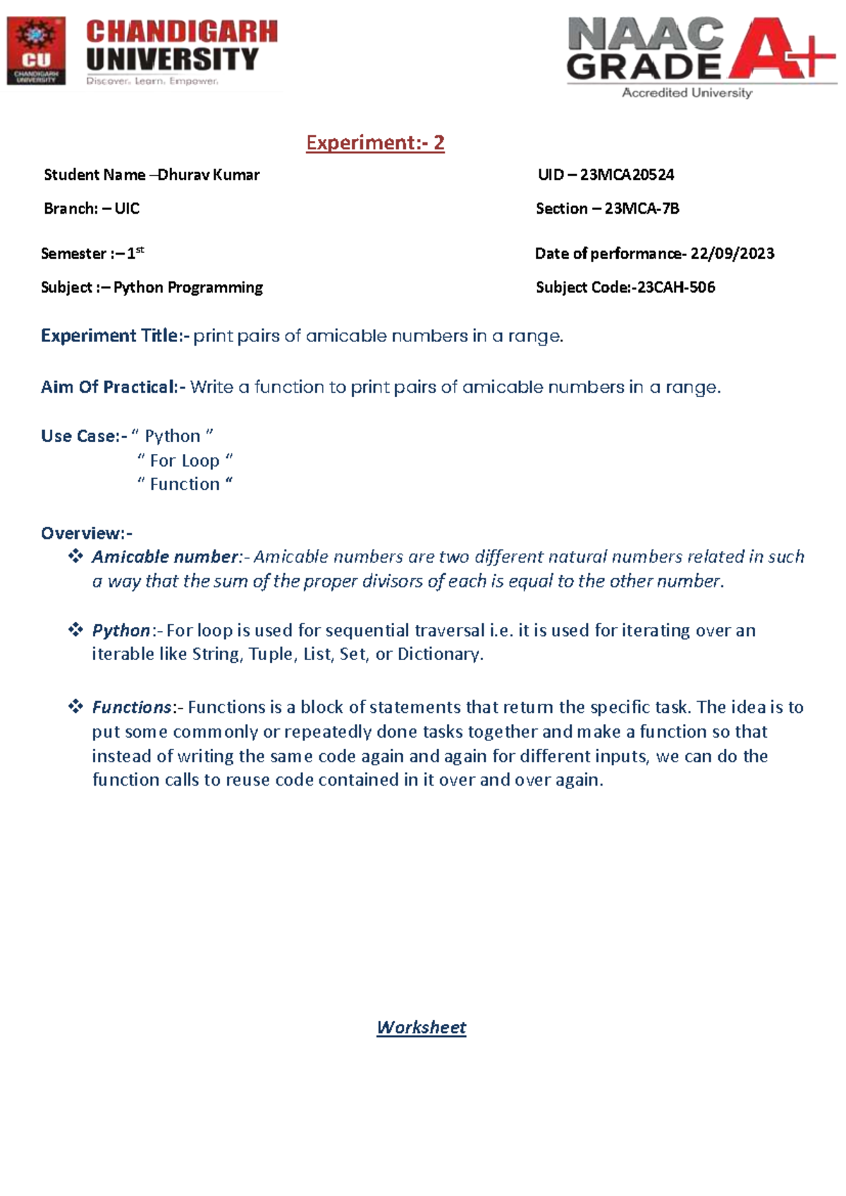 Workshet 2 - worksheet second - Experiment:- 2 Student Name – Dhurav Kumar UID – 23MCA205 24 ...