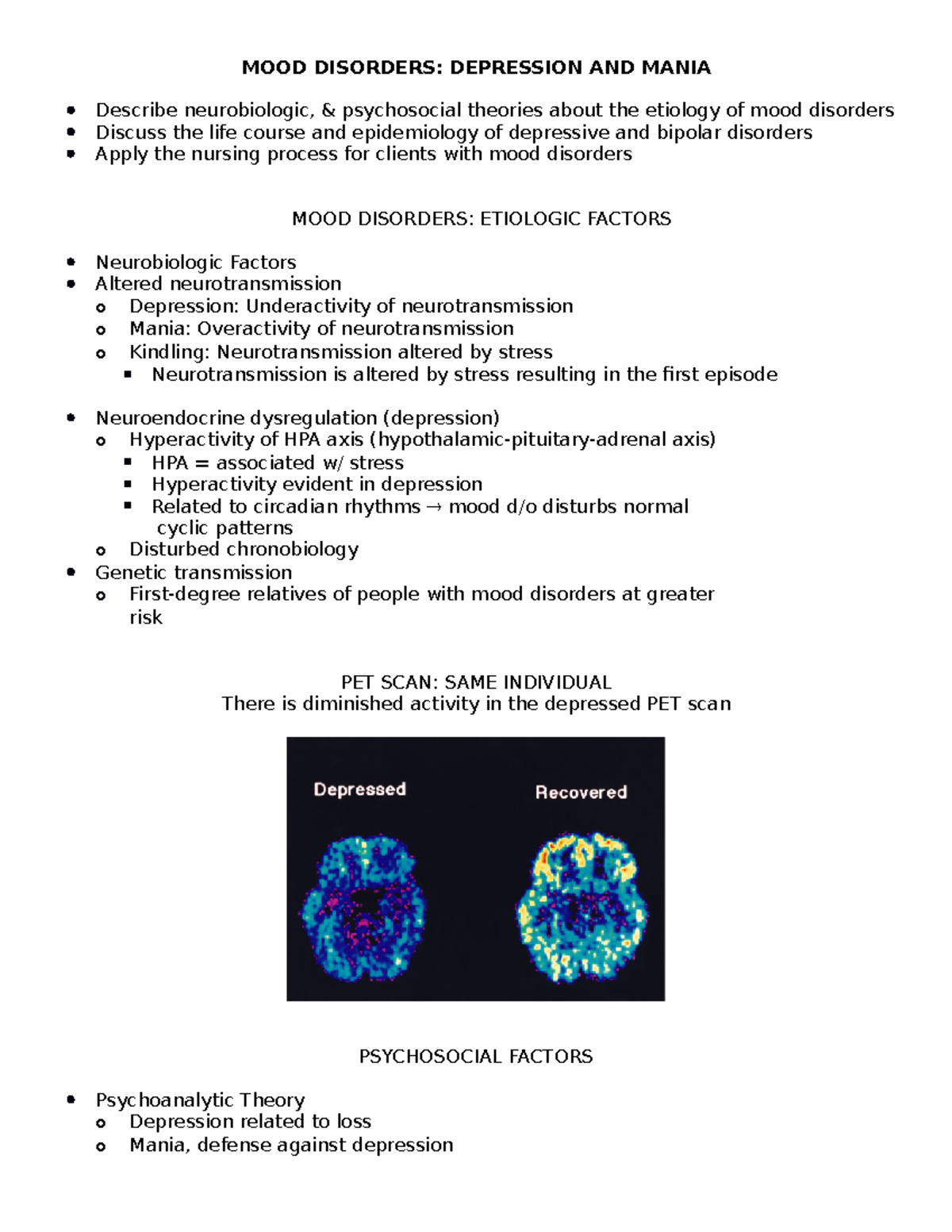 Psych EXAM 1 Mood Disorders - MOOD DISORDERS: DEPRESSION AND MANIA ...