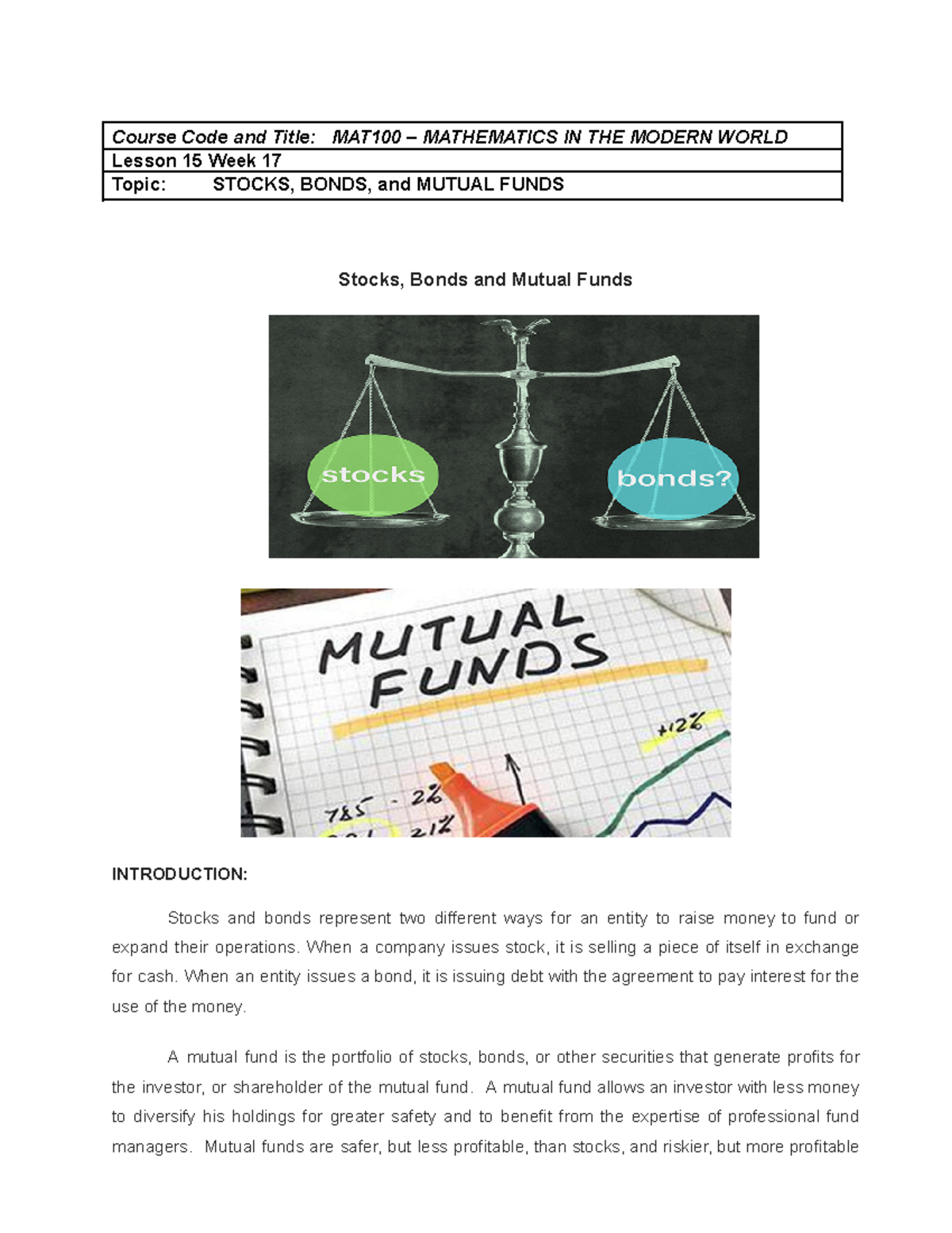 MMW Lesson 15 Week 17 -Stocks^LLLJ Bonds^LLLJ and Mutual Funds (final ...