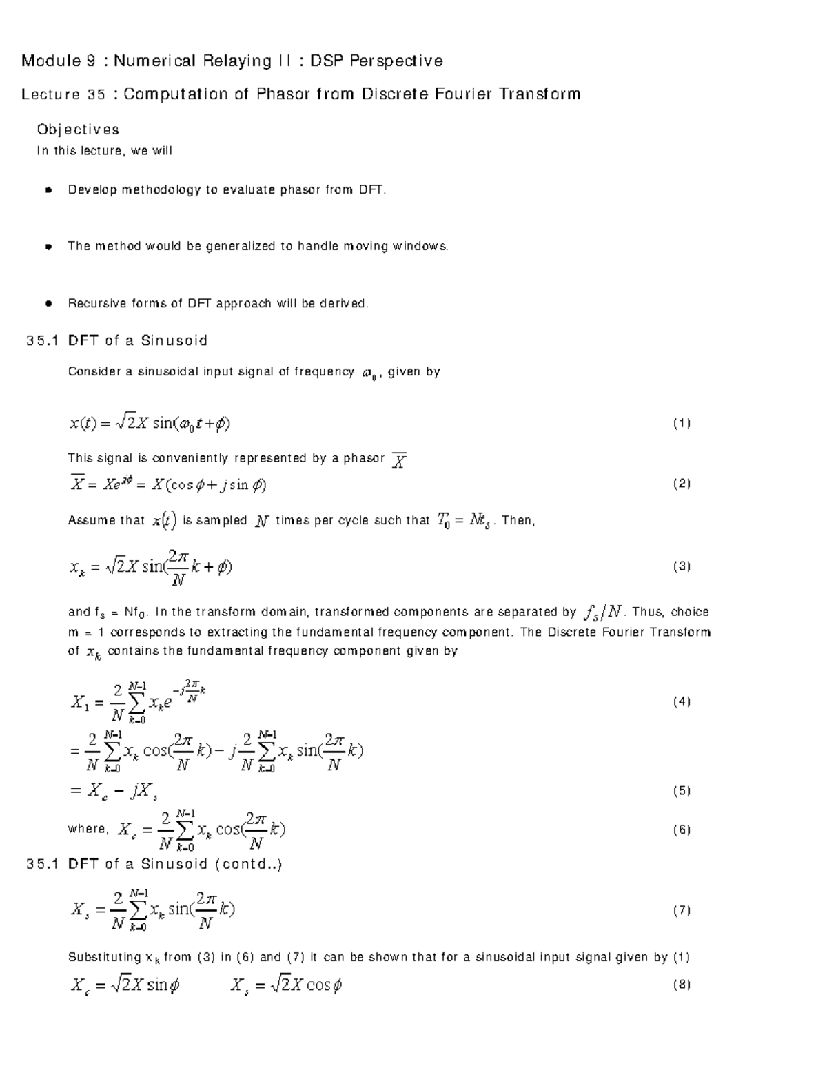 Lecture 35 Numerical Relaying Ii Dsp Perspective Computation Of Phasor From Discrete
