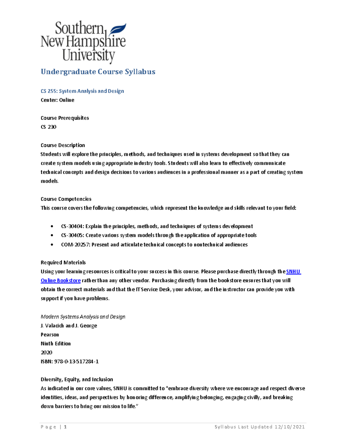 CS 255 Syllabus - Undergraduate Course Syllabus CS 255: System Analysis and Design Center ...