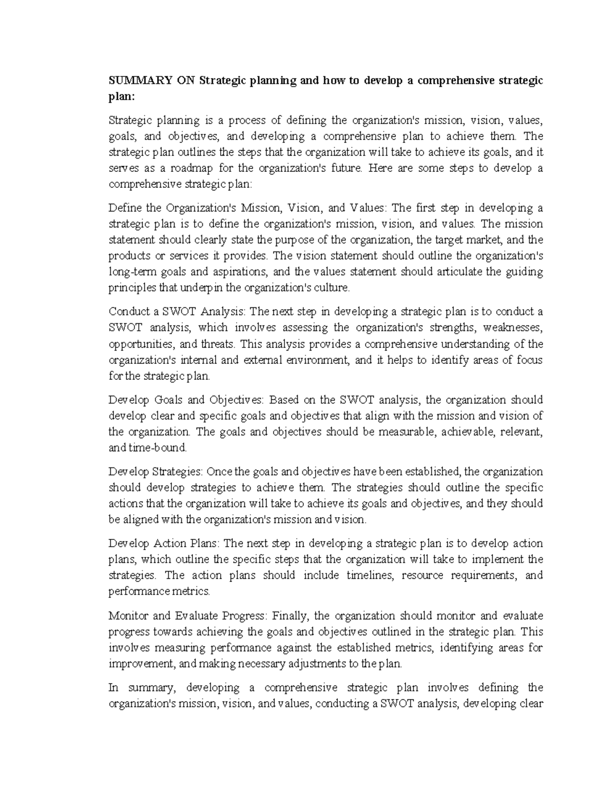 Summary ON Strategic planning and how to develop a comprehensive ...