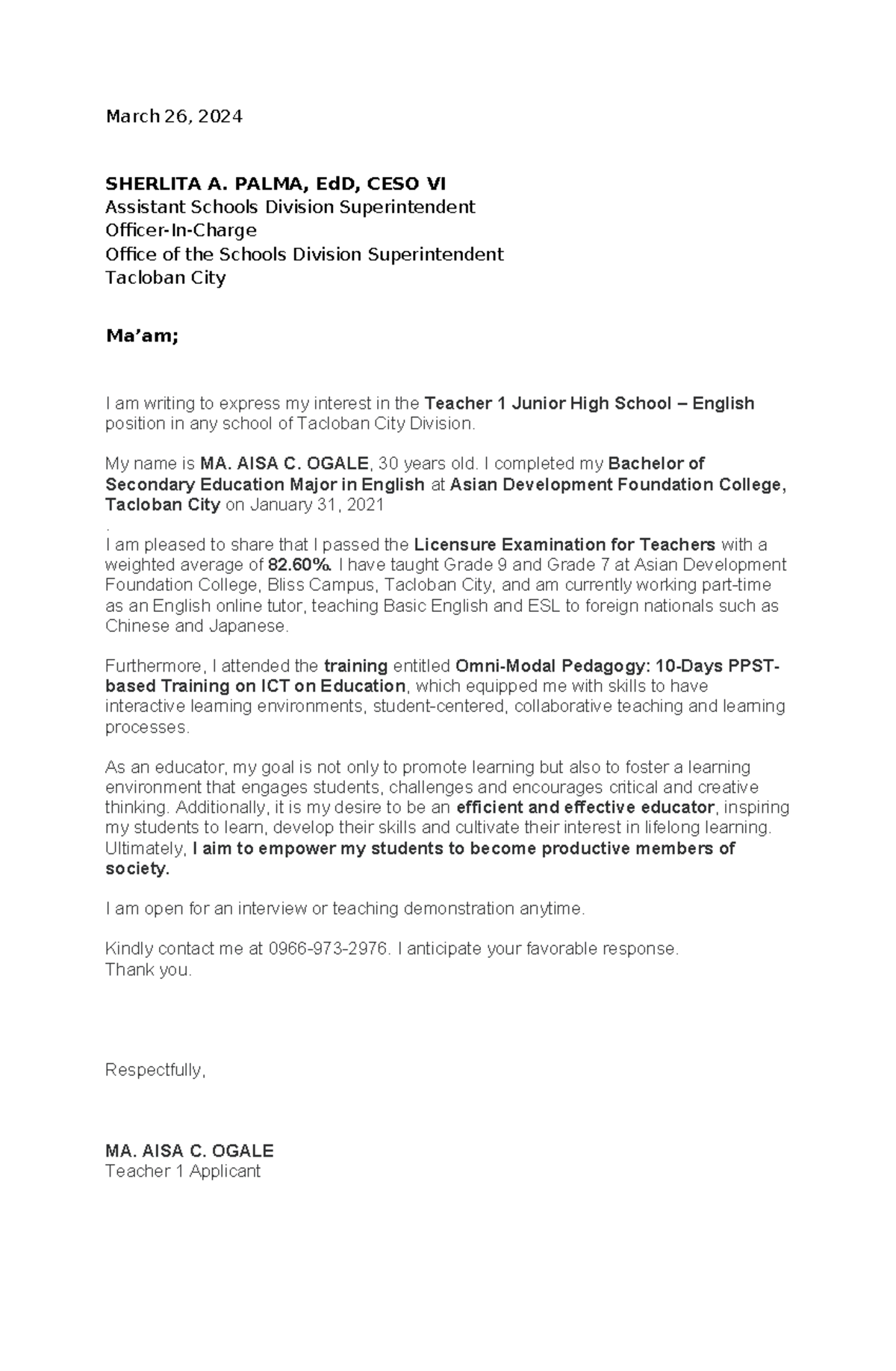 Intent Letter AISA VIA - March 26, 202 4 SHERLITA A. PALMA, EdD, CESO ...