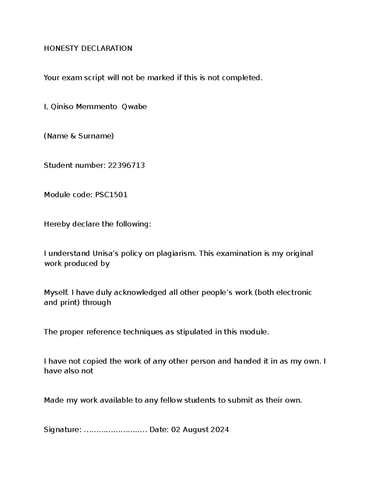 Document (1) (10) - HONESTY DECLARATION Your exam script will not be ...