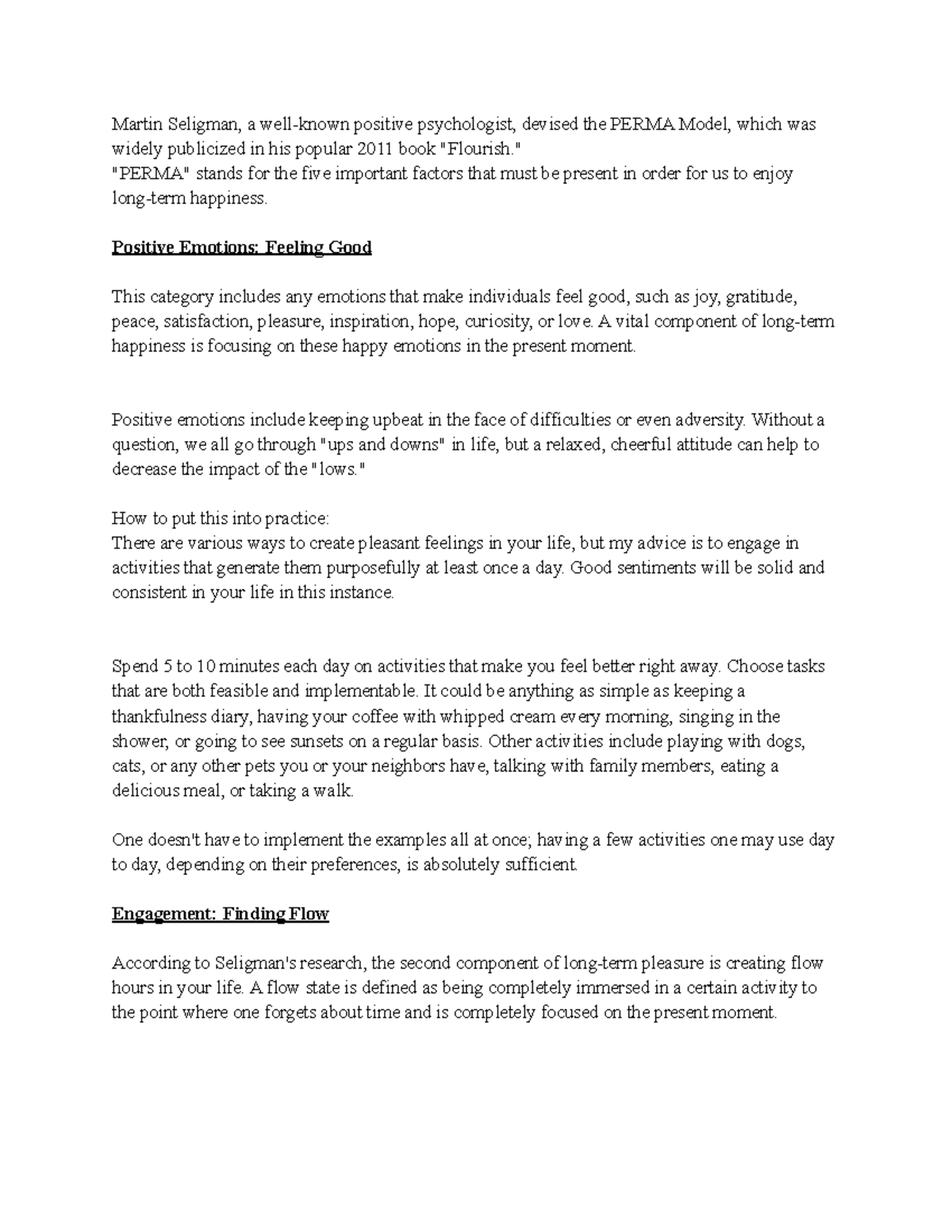 Perma Model Application - Martin Seligman, a well-known positive ...