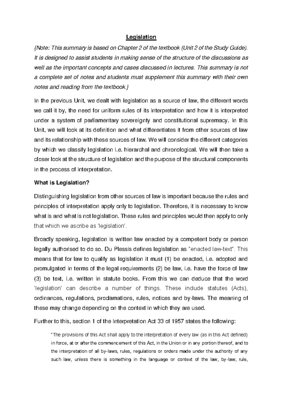 Unit 2 Legislation - Legislation {Note: This summary is based on ...