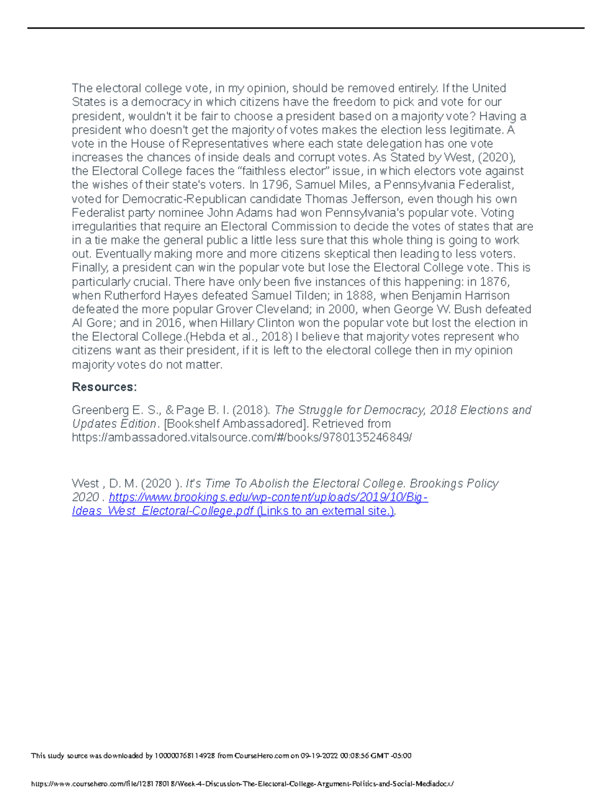 Week 4 Discussion The Electoral College Argument Politics and Social ...