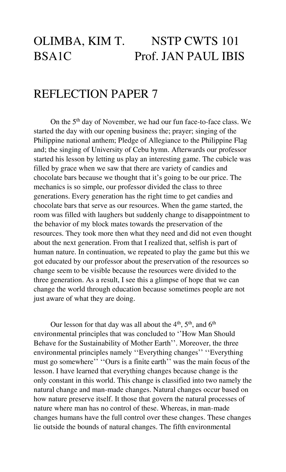 Olimba, KIM T. NSTP FS Reflection Paper 7 - OLIMBA, KIM T. NSTP CWTS ...