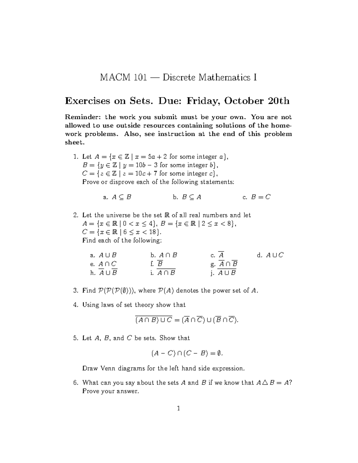 Exer5-23 - Homework 5 - MACM 101 — Discrete Mathematics I Exercises on Sets. Due: Friday ...