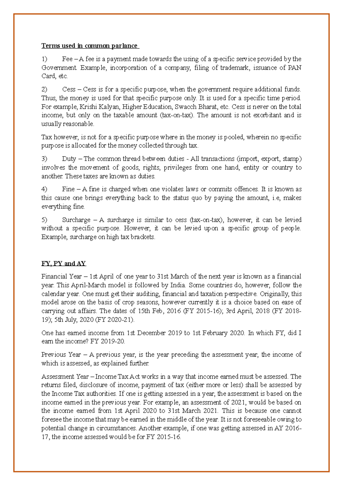 Tax+Law - tax law - Terms used in common parlance Fee – A fee is a ...