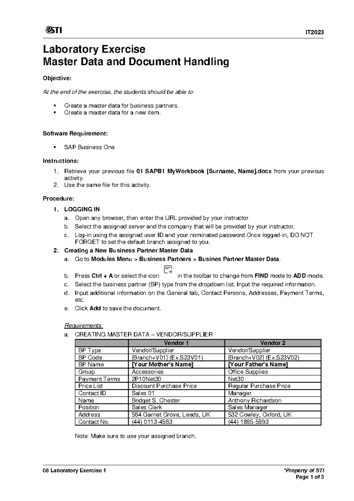 08 Laboratory Exercise 1 - IT 2023 08 Laboratory Exercise 1 *Property ...