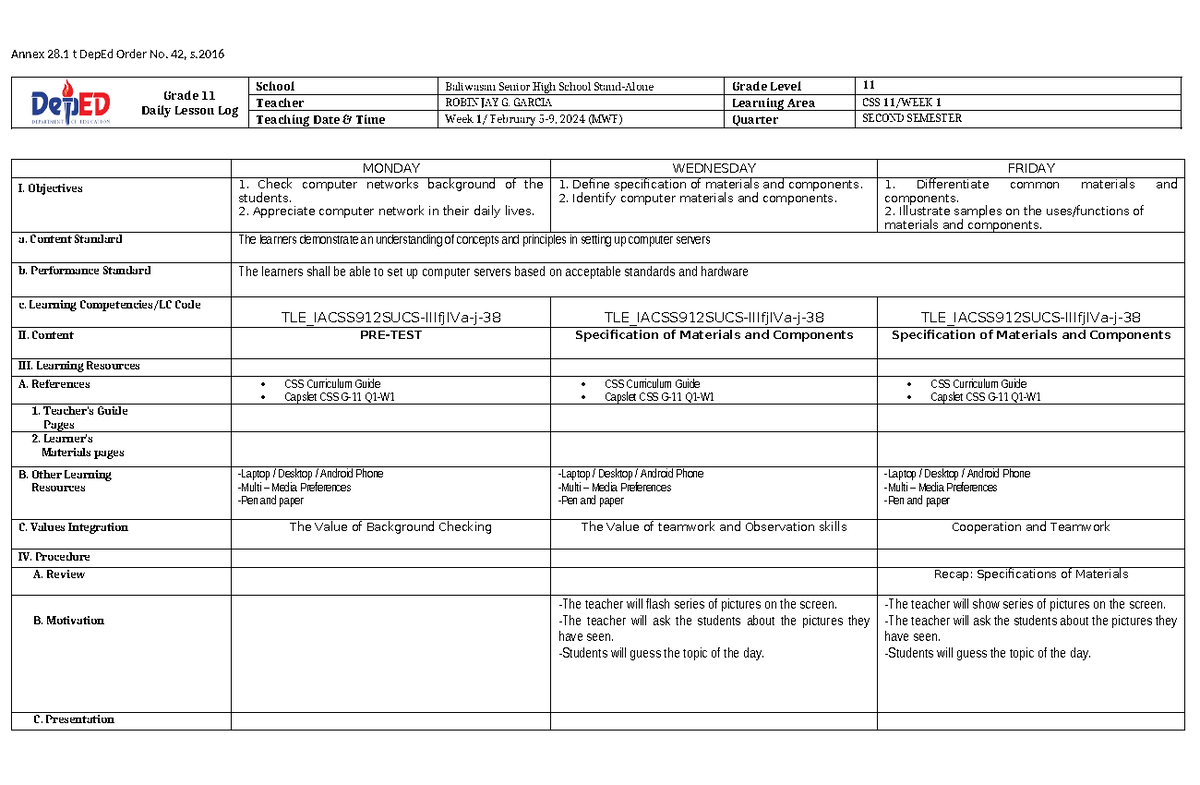 DLL CSS WEEK 1 g11 - Annex 28 t DepEd Order No. 42, s. Grade 11 Daily ...