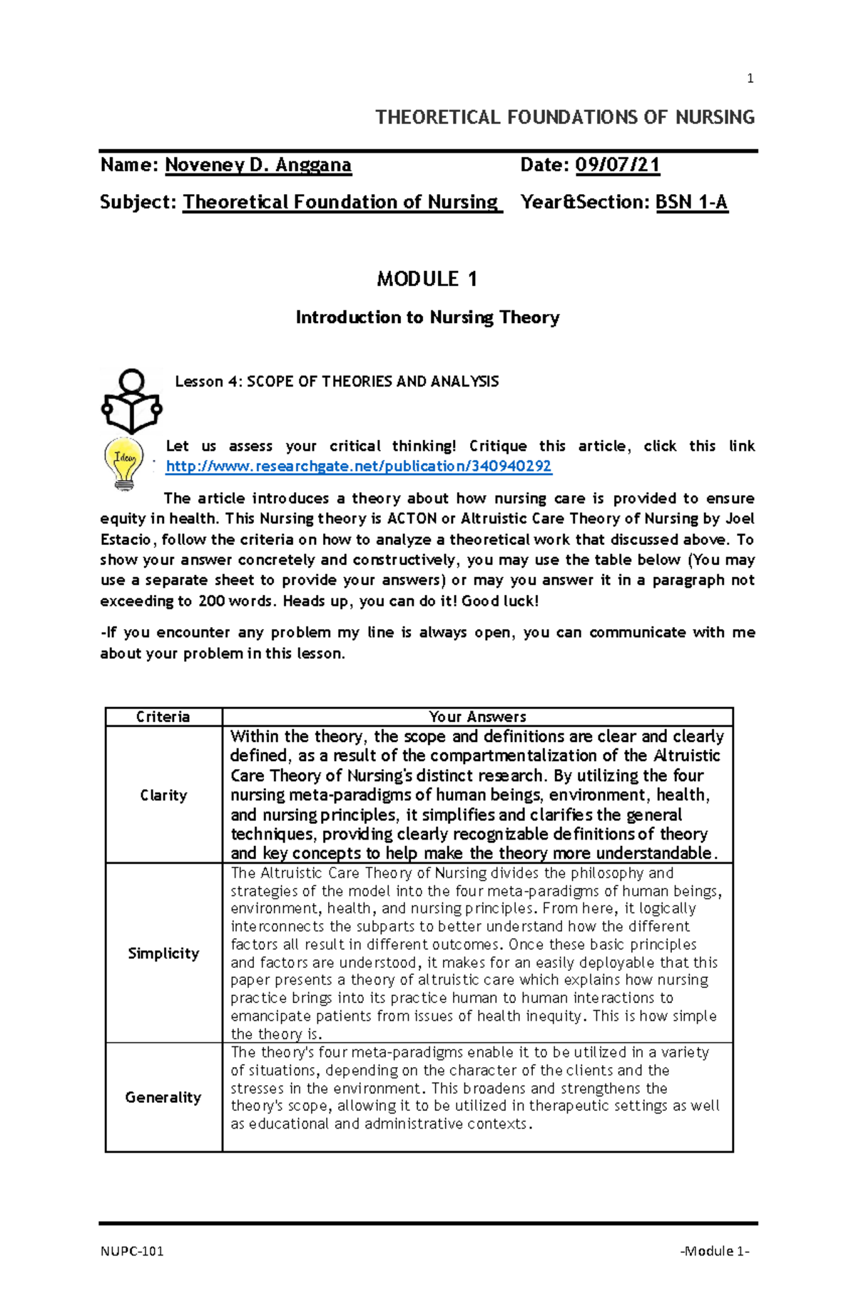 Lesson 4-Activity 1 - Activities - 1 THEORETICAL FOUNDATIONS OF NURSING ...