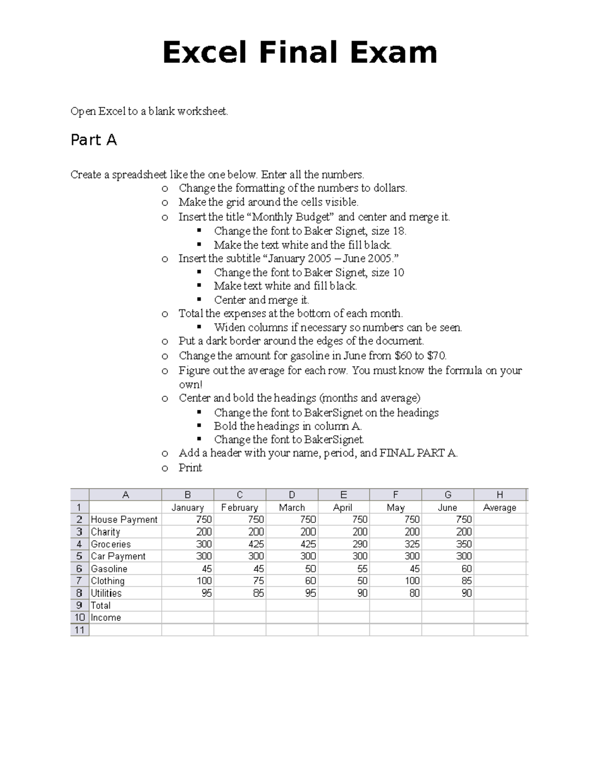 Excel Final Exam - Students practicing - Excel Final Exam Open Excel to ...