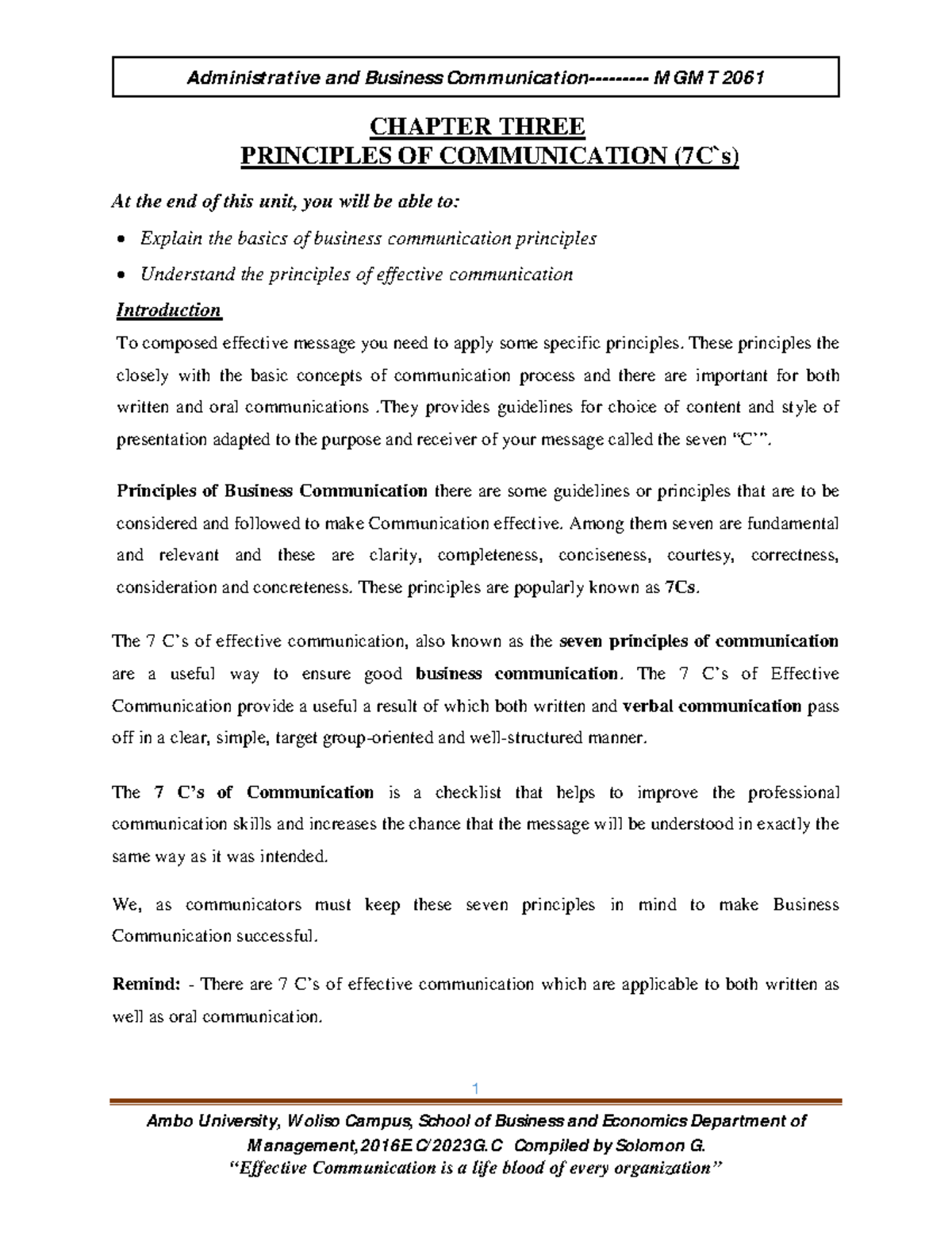 Unit 3 Business communication lecture note - 1 Ambo University, Woliso ...