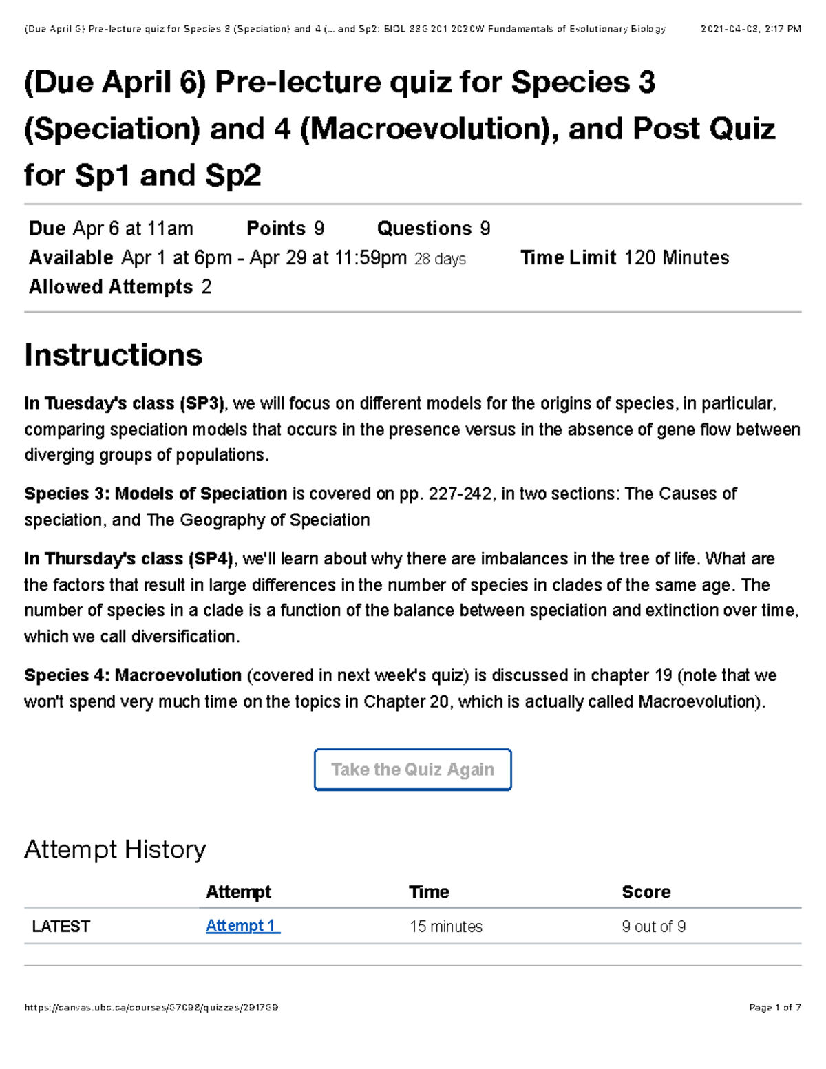 (Due April 6) Pre-lecture quiz for Species 3 (Speciation) and 4 ...