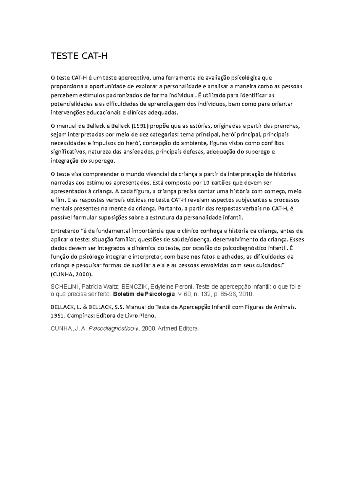 Teste CAT - Resumo - TESTE CAT-H O teste CAT-H é um teste aperceptivo ...