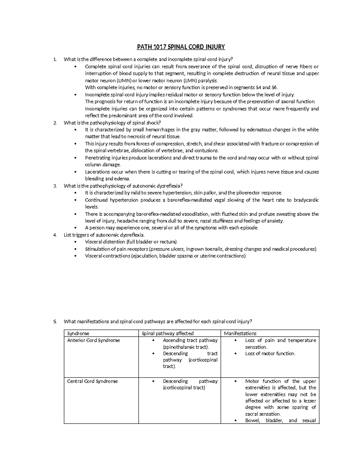 PATH Spinal CORD Injury - PATH 1017 SPINAL CORD INJURY 1. What is the ...