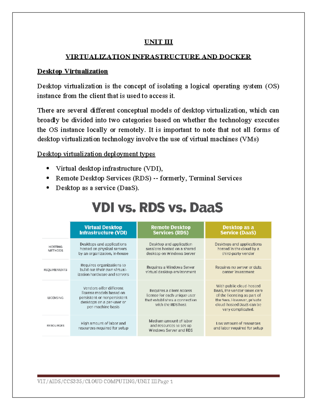 CC UNIT III - UNIT III VIRTUALIZATION INFRASTRUCTURE AND DOCKER Desktop Virtualization Desktop ...