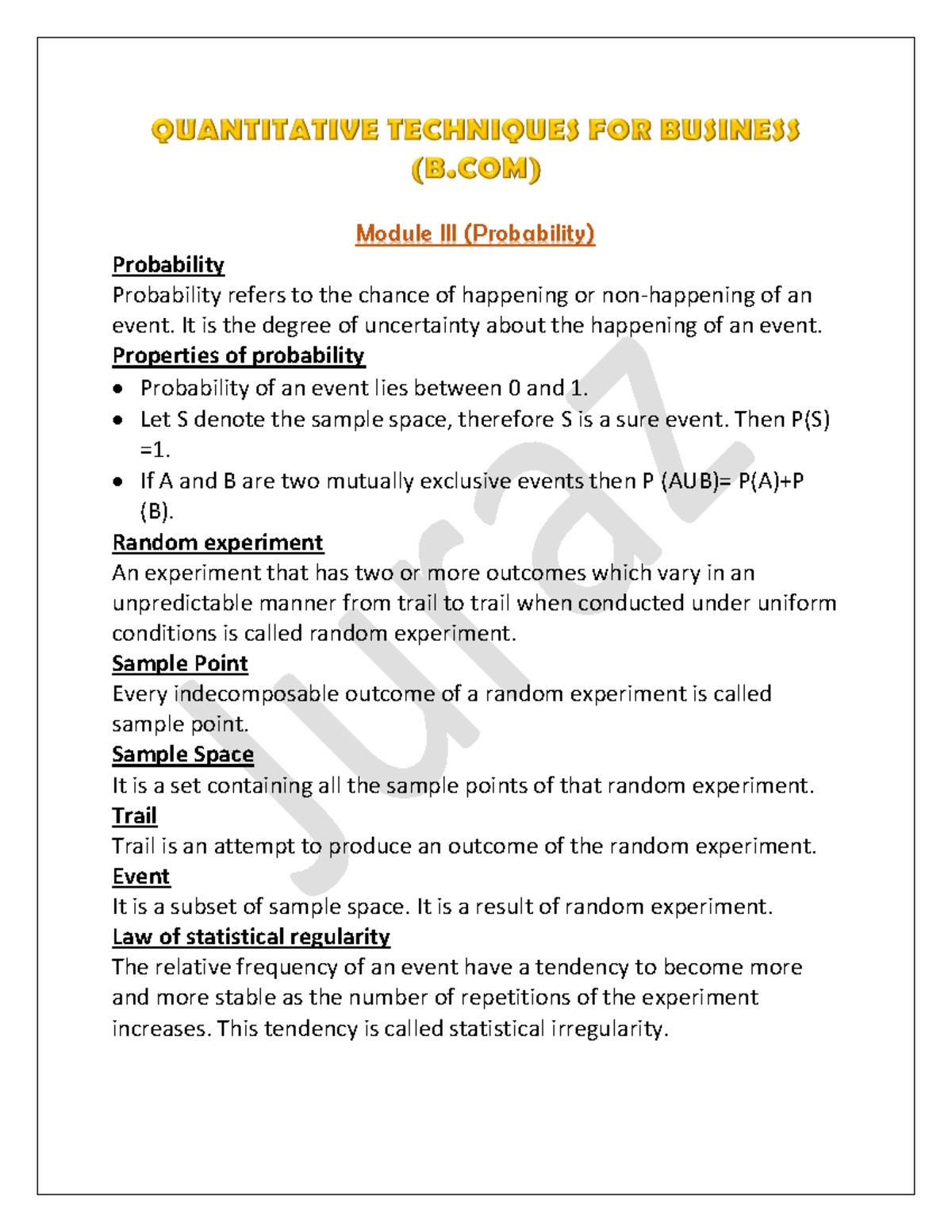 QT- BCOM- Module III- Juraz - Module III (Probability) Probability Probability refers to the ...