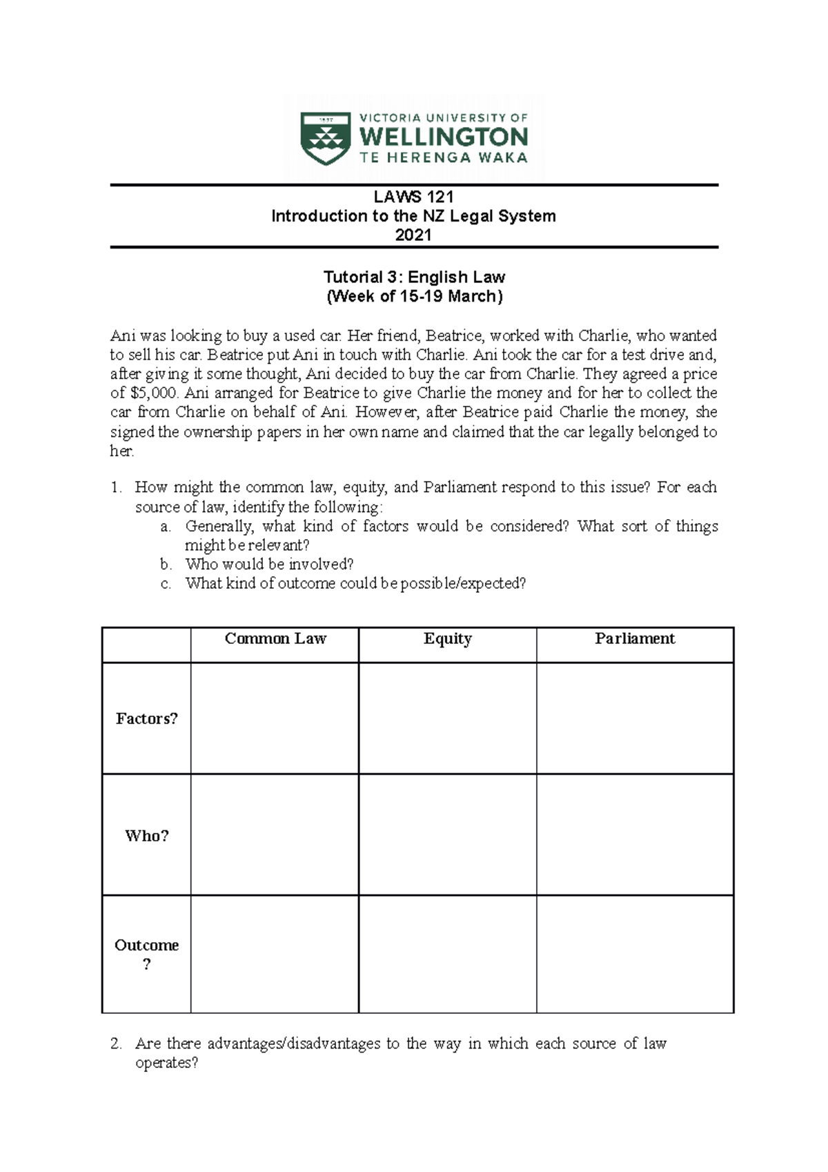 LAWS 121 2021 Tutorial 3 English Law - LAWS 121 Introduction to the NZ ...