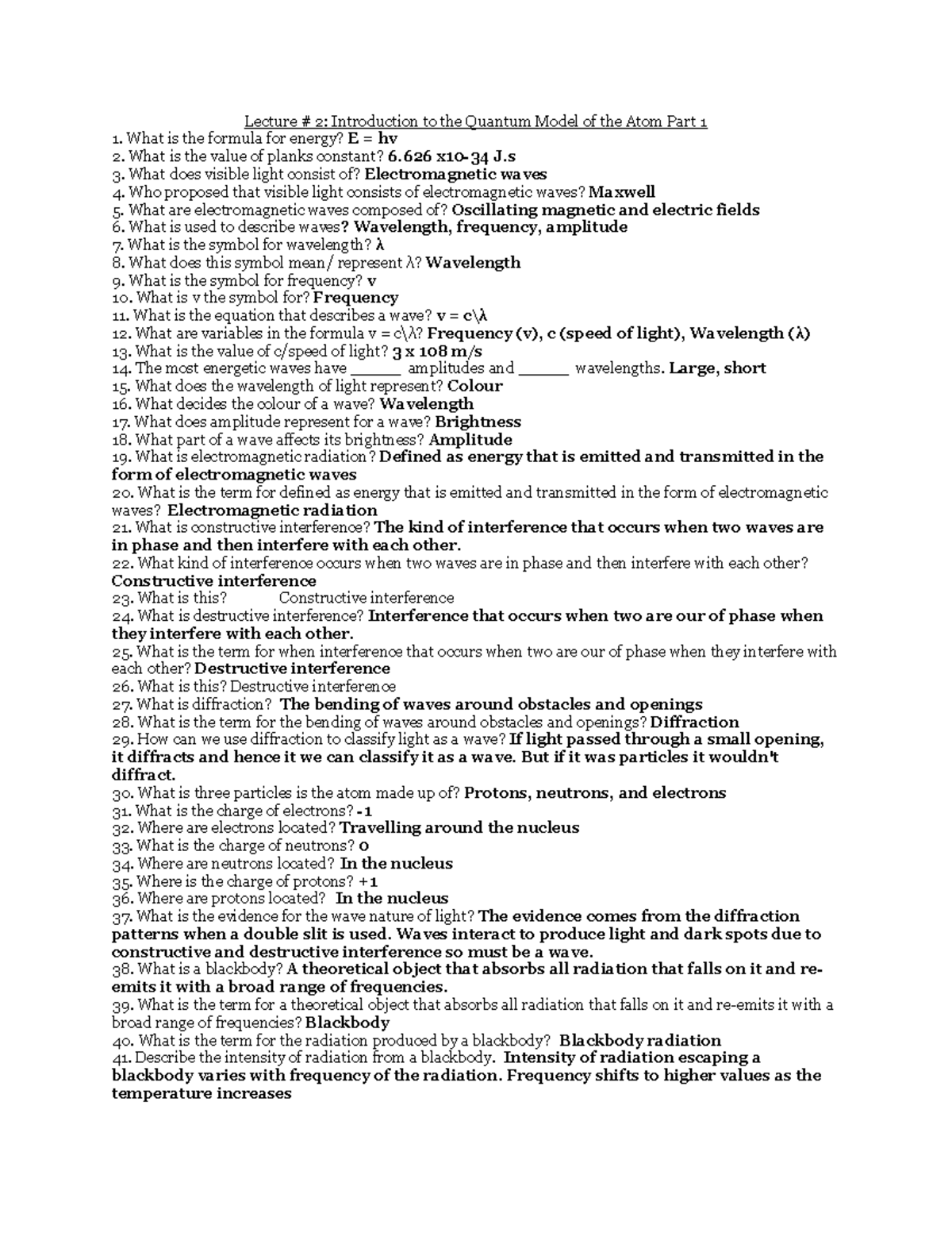 Lecture # 2 Introduction to the Quantum Model of the Atom Part 1 ...