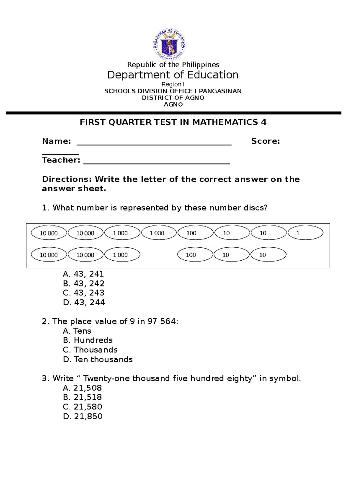 GR 4 MATH 1ST PT Final - Periodical Test Melc based - Republic of the ...