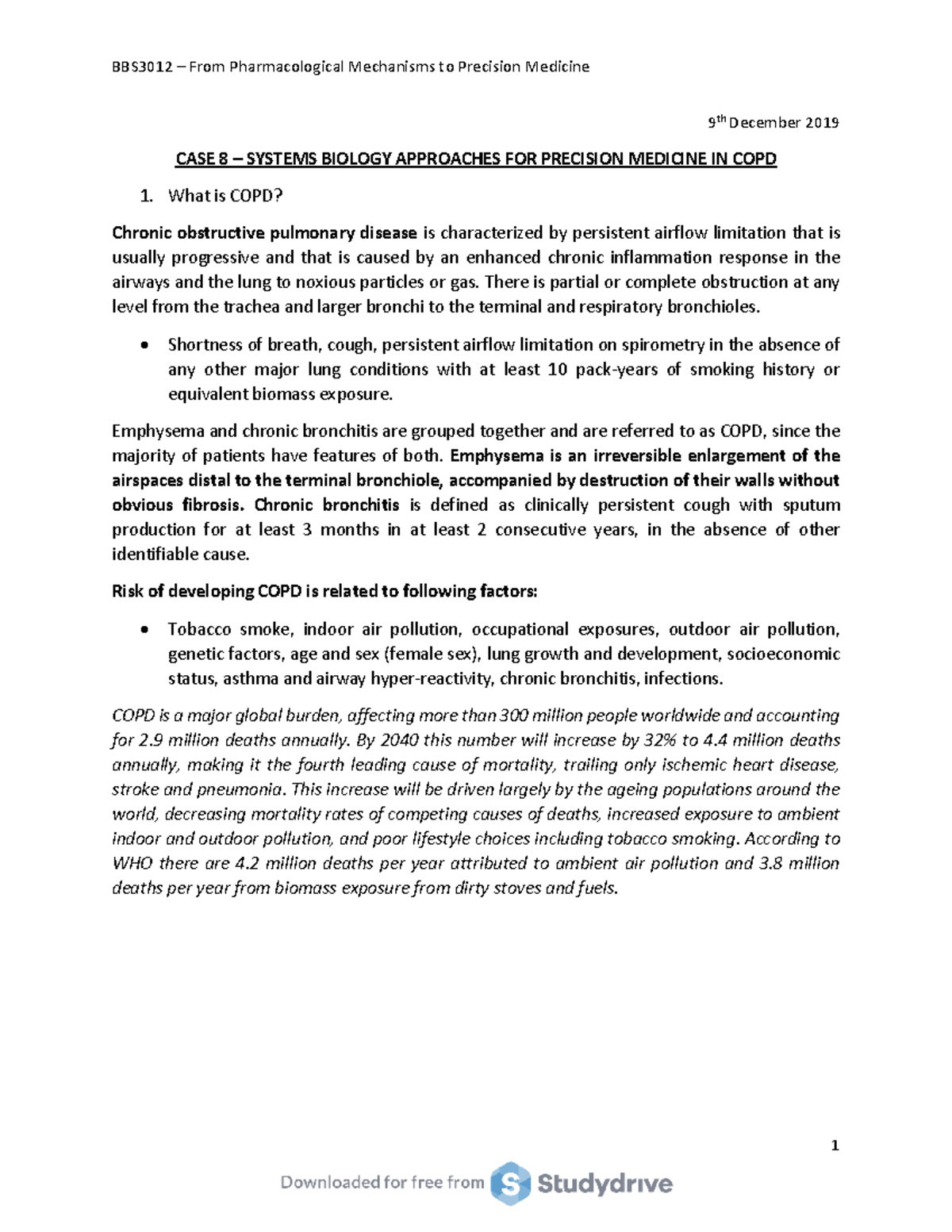 Case 8 - Case 8 - 9 th December 2019 CASE 8 – SYSTEMS BIOLOGY APPROACHES FOR PRECISION MEDICINE ...