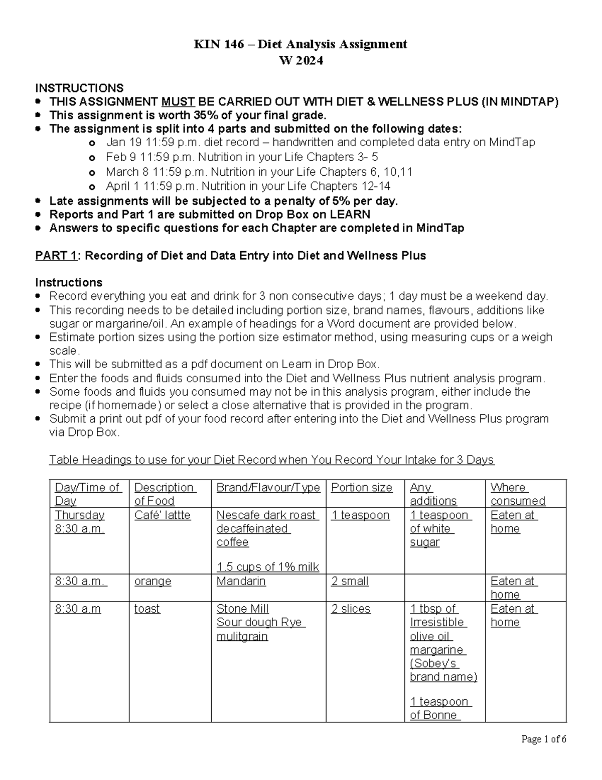 3 day diet analysis assignment W24 Rubric - KIN 146 – Diet Analysis ...