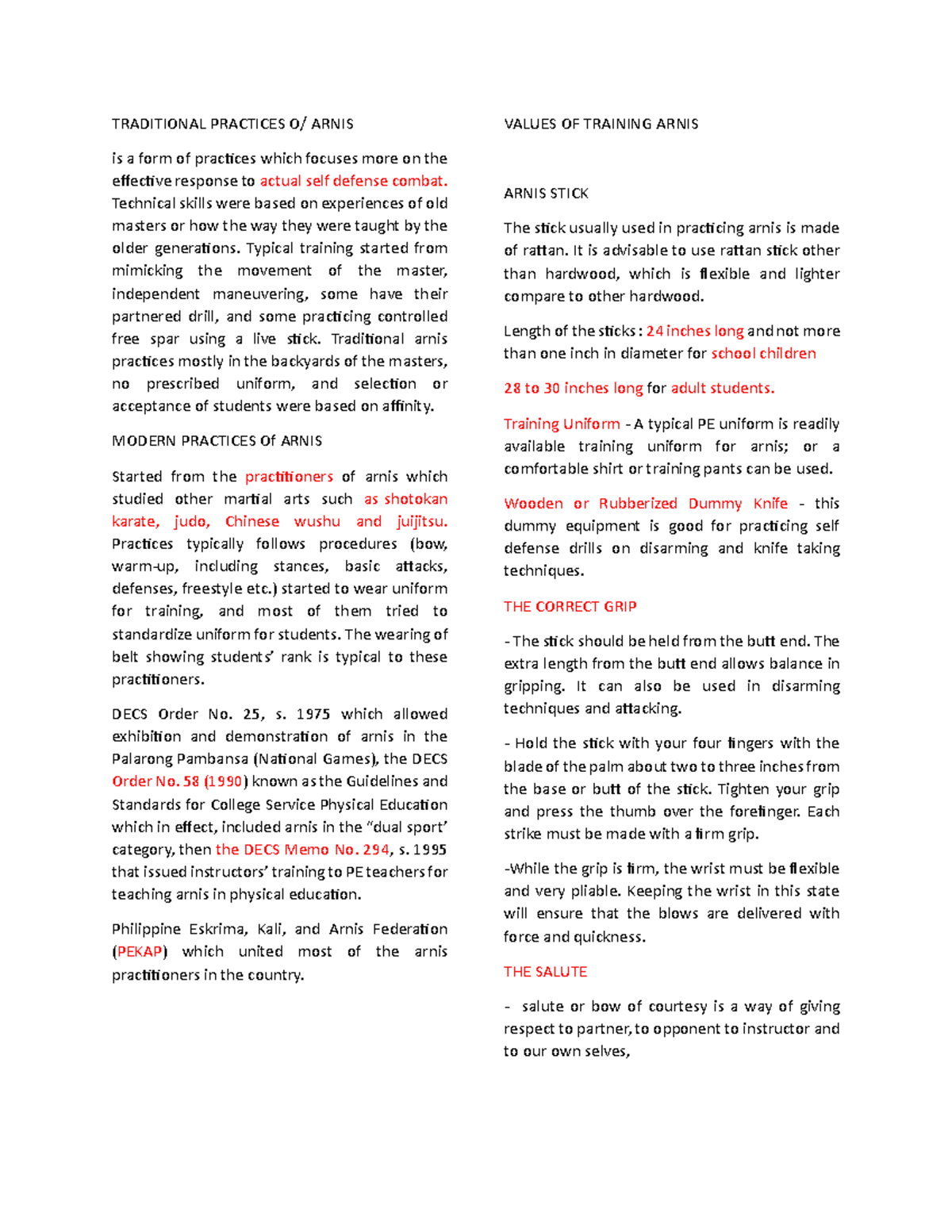 Arnis Midterm Lesson - TRADITIONAL PRACTICES O/ ARNIS is a form of practices which focuses more ...