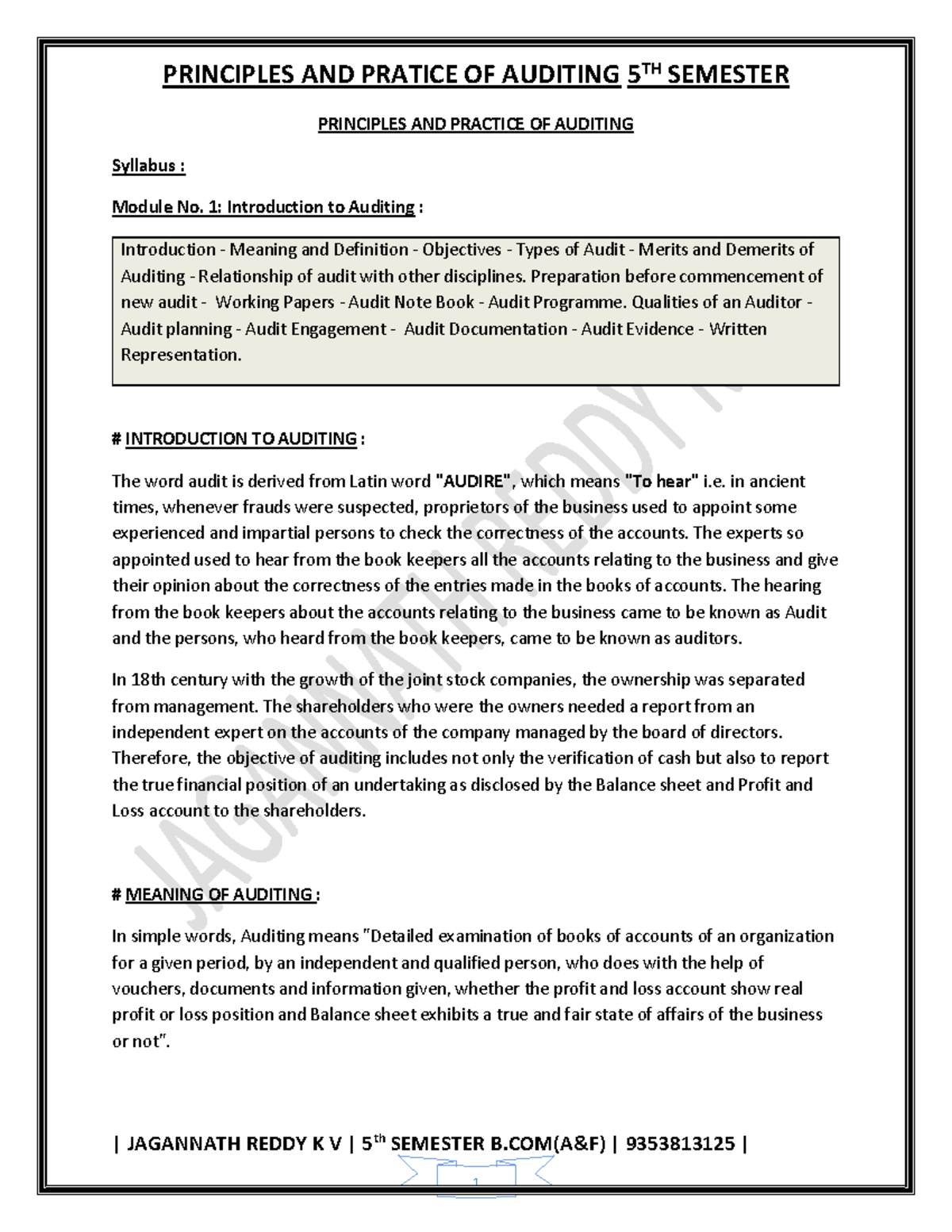 POA 5TH Semester - Chapter 1 introduction to auditing is covered in the above pdf Thank you ...