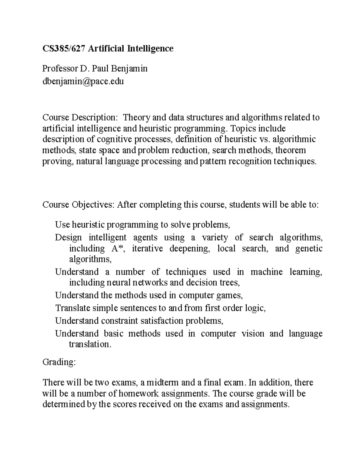 Artificial Intelligence Syllabuscs627ai Syllabus Cs385627 Artificial Intelligence Professor