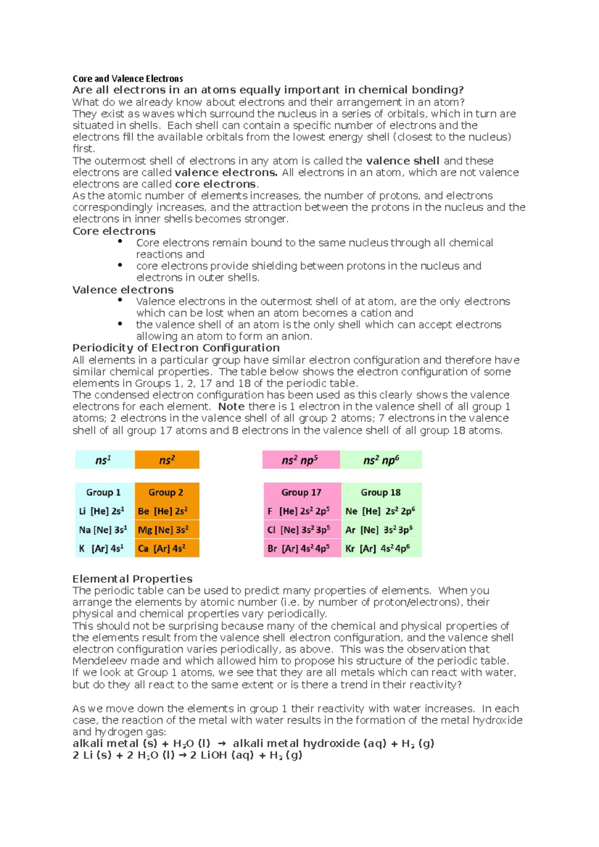 Lecture - Week 6 Notes - Core and Valence Electrons Are all electrons ...