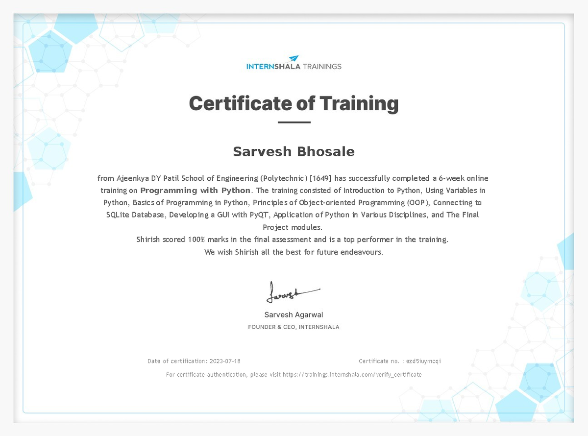 Programming with Python Training - Certificate of Completion - Sarvesh Bhosale from Ajeenkya DY ...